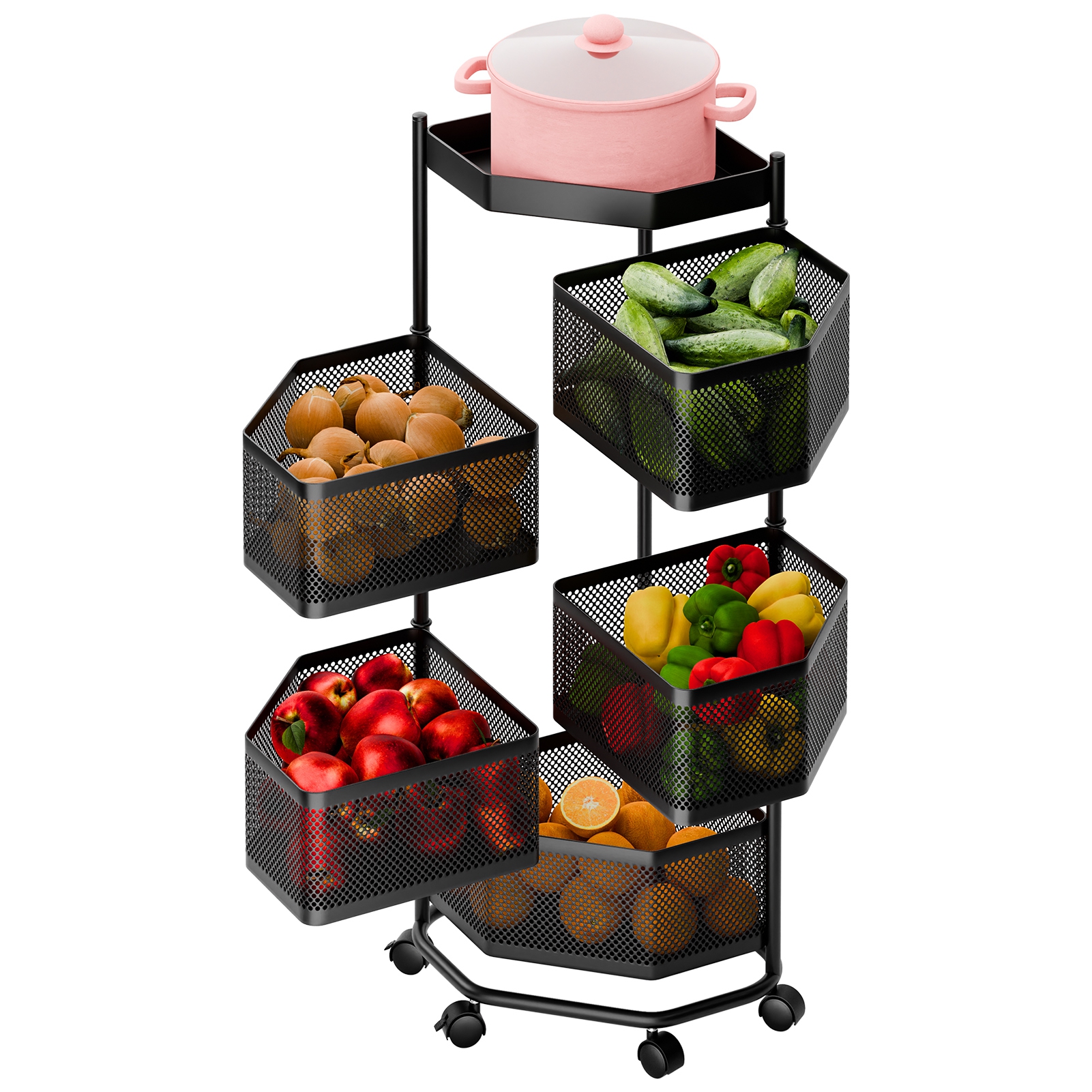 JNXYL Fruit Vegetable Basket, Rotating Storage Shelves Rack, Kitchen ...