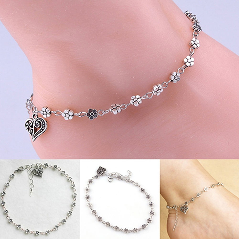 JNXYL Women's Retro Heart Flowers Barefoot Sandal Beach Anklet Chain ...