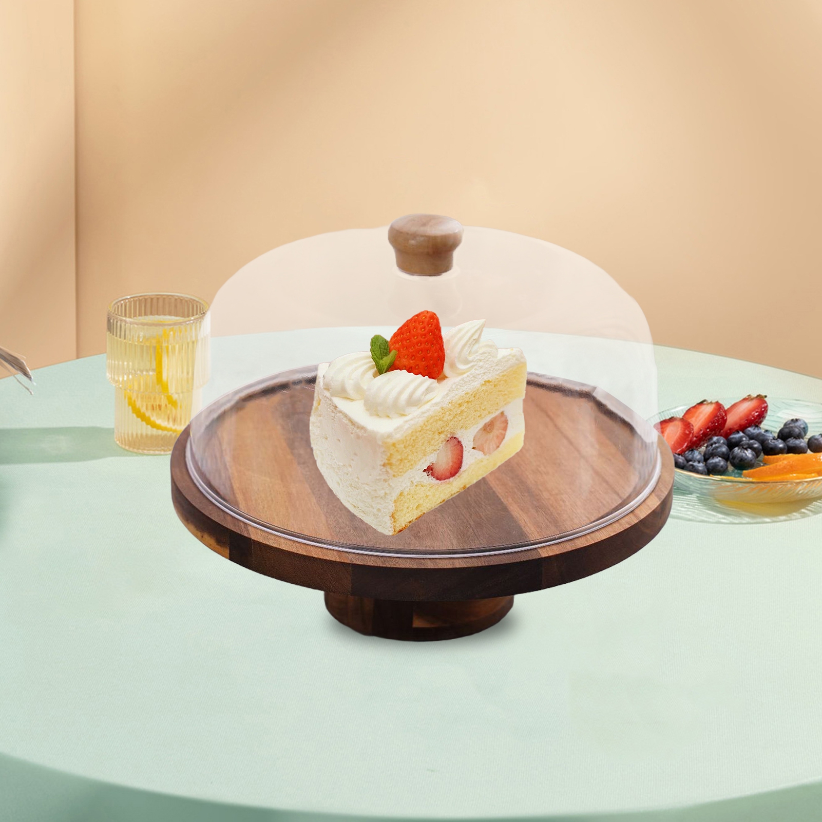 JNYSJ 12-Inch Wooden Cake Stand with Lid Handle,Round Dessert Display ...