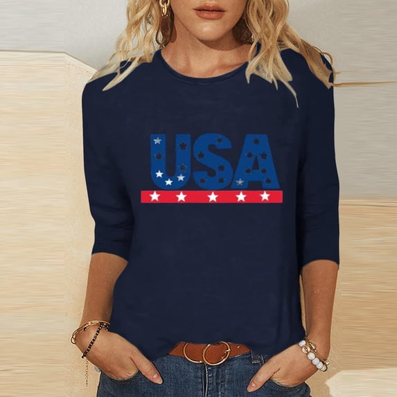 JOANKDMI 4th of July Women's Shirts American Flag Print Crewneck 3/4 ...