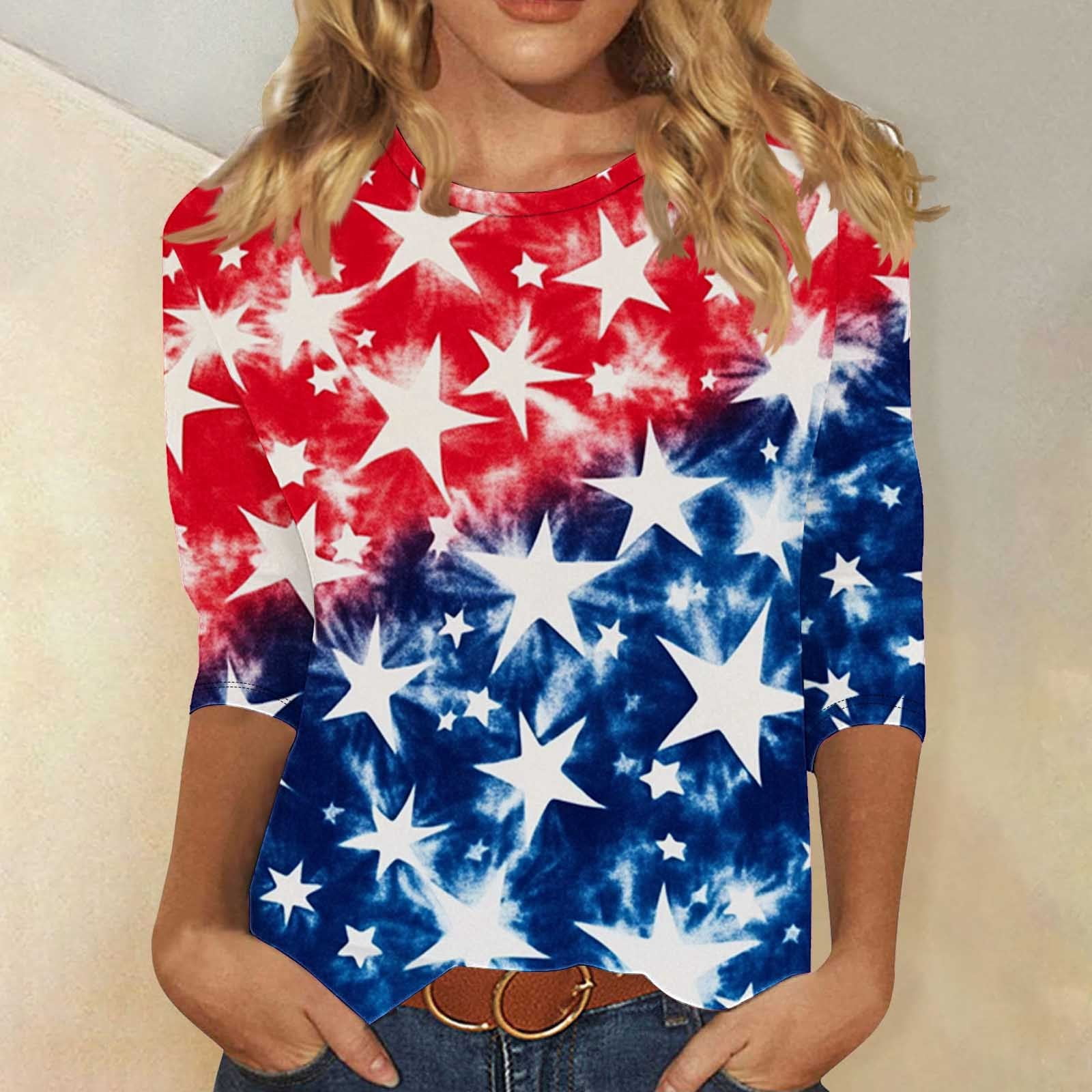 JOANKDMI 4th of July Shirts for Women 3/4 Sleeve American Flag Crewneck ...