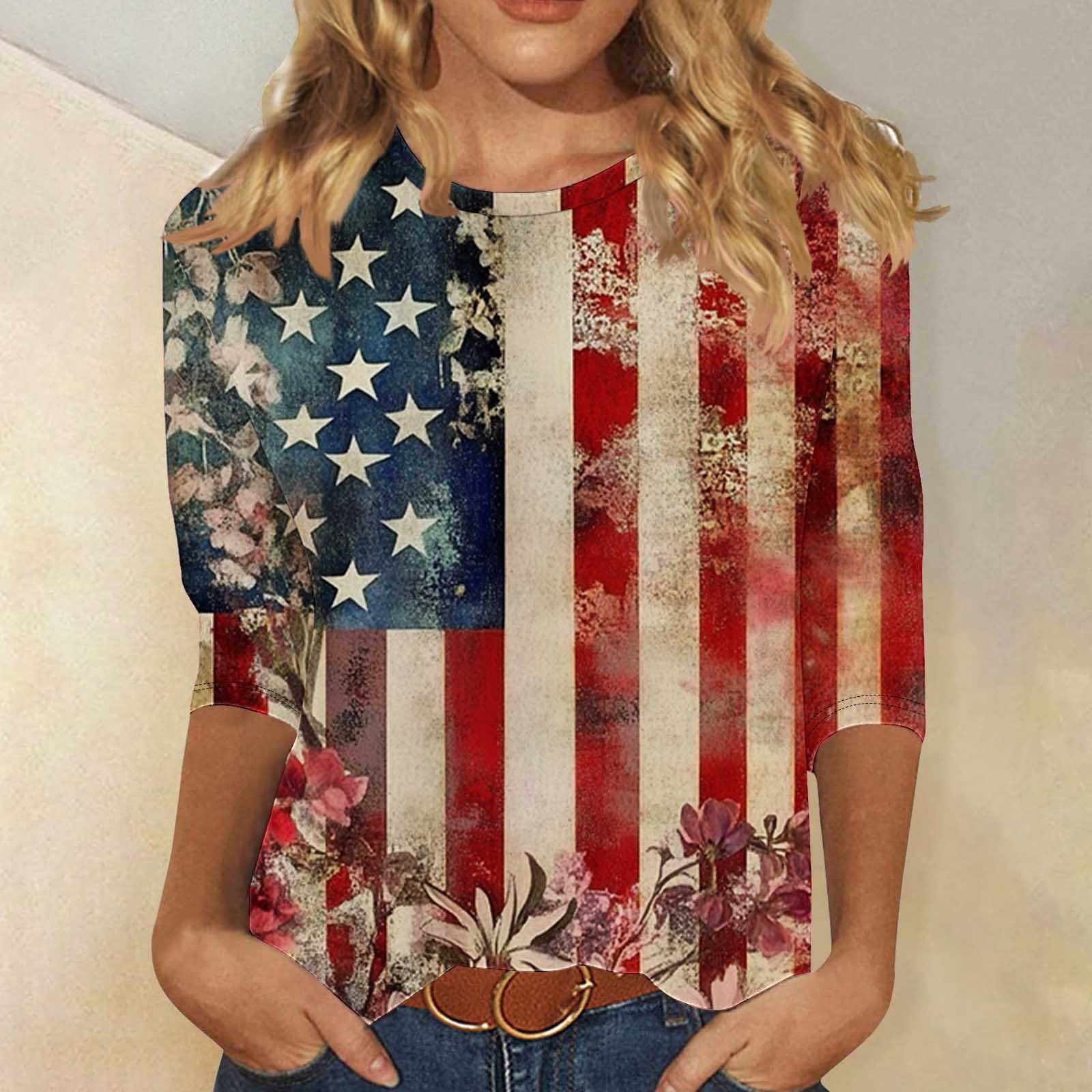 JOANKDMI 4th of July Shirts for Women 3/4 Sleeve American Flag Crewneck ...