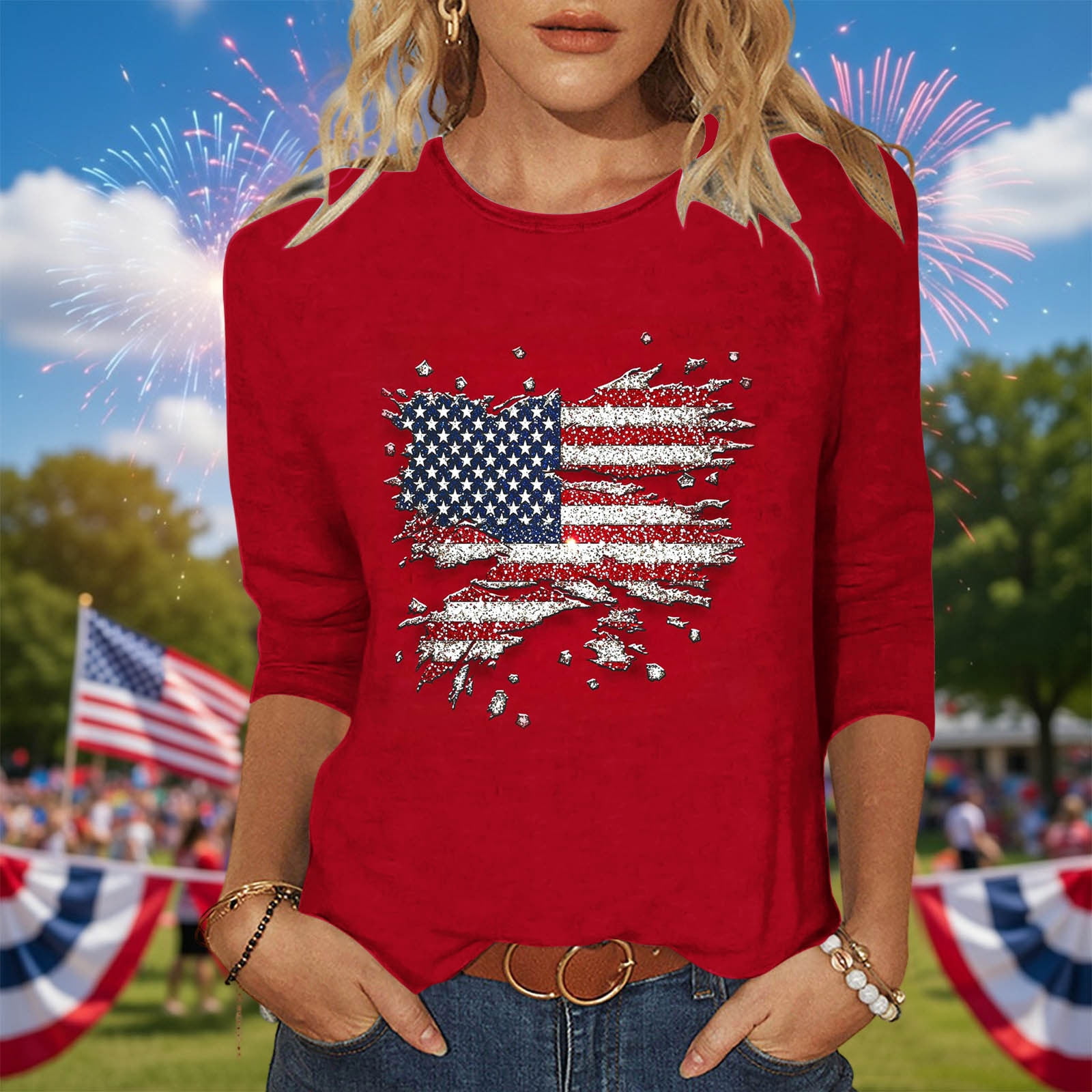 JOANKDMI American Flag Shirts for Women 4th of July 3/4 Sleeve Crewneck ...