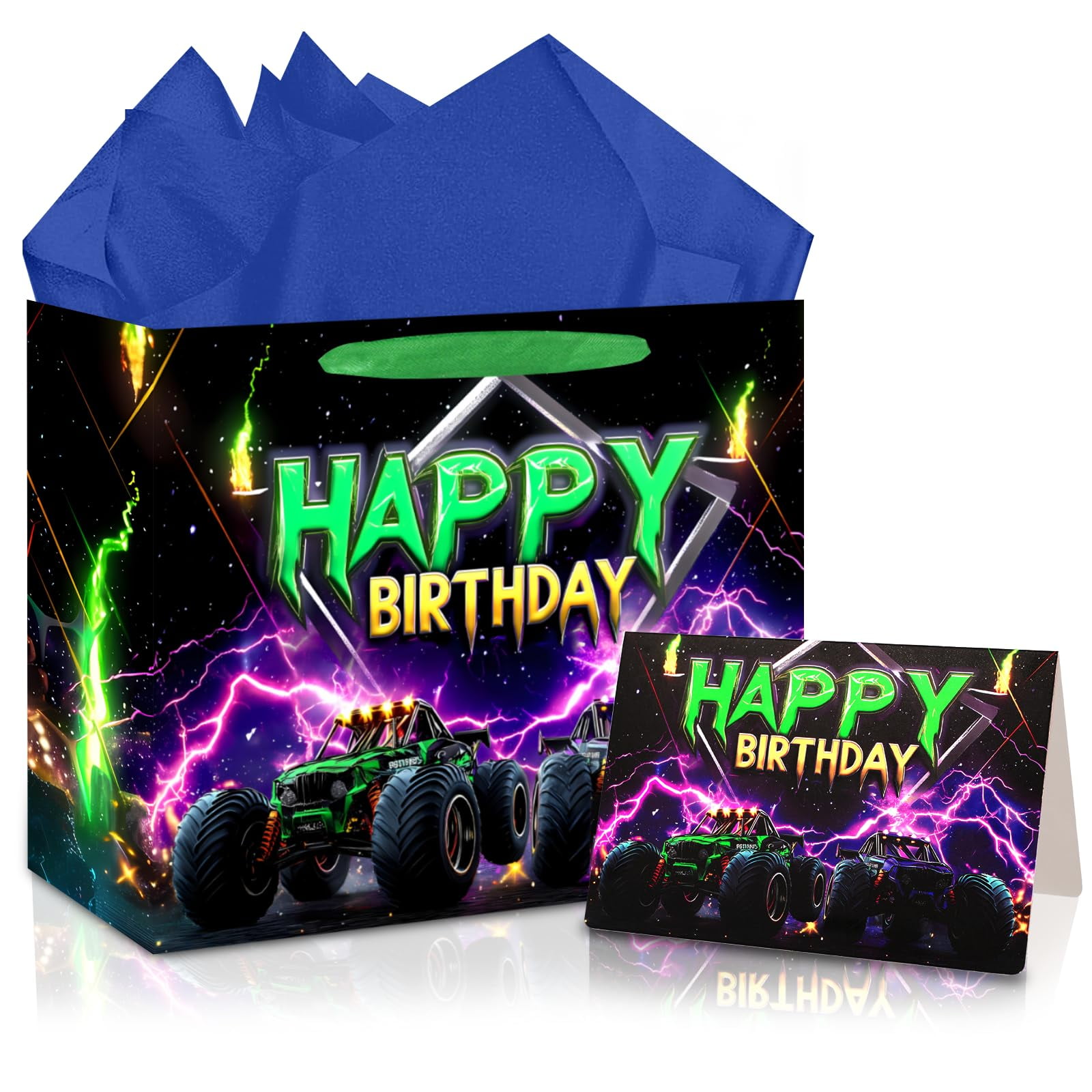 JOCOPUERTO Monster Truck Birthday MMF7 Gift Bag - 13" Large Happy Birthday Gift Bag with Tissue ...