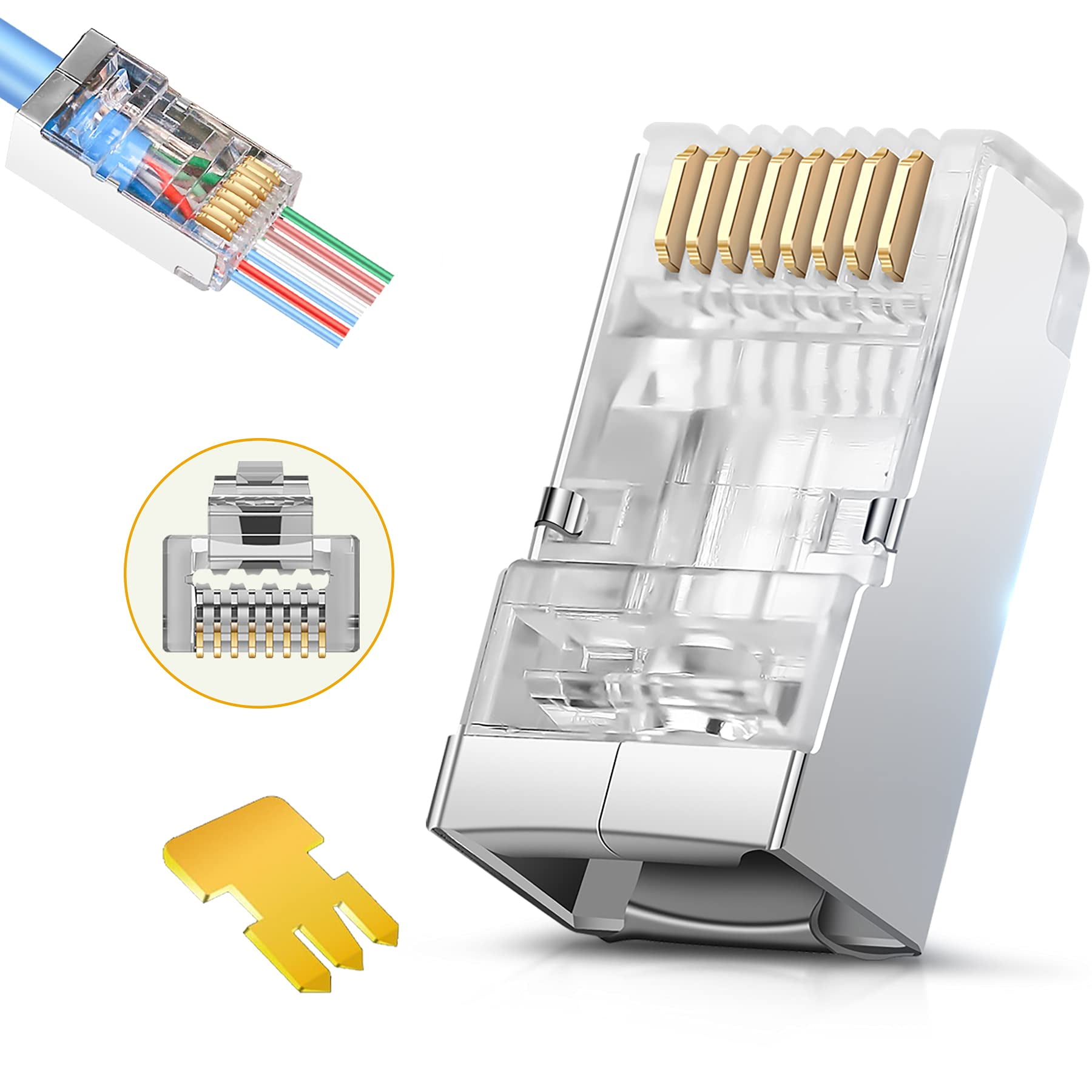 JODROAD Shielded RJ45 Cat6 Cat 6A Connectors - Pass Through Connector Gold Plated 3 Prong 8P8C ...