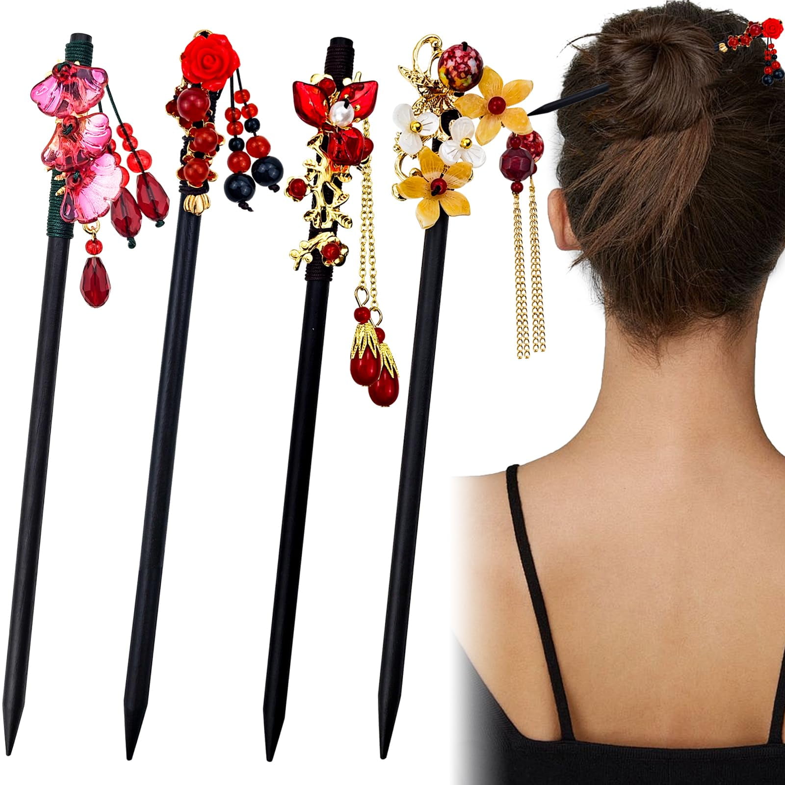JOELY 4 PACK Chinese Wooden Hair Stick, Hairpin with 4 Different Flower ...