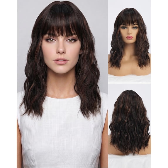 JOFMWIX Dark Brown Wigs with Highlights for Women Synthetic 16 inch ...