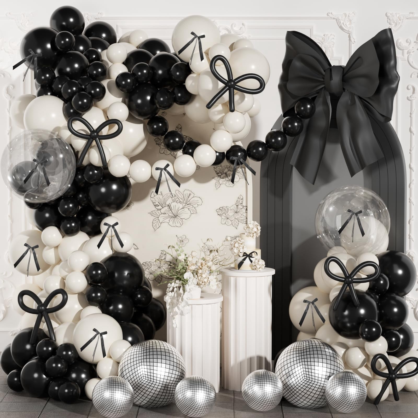 JOGAMS 175Pcs Black Bow RRF12 Balloons Arch Kit with 260 Clear Disco ...