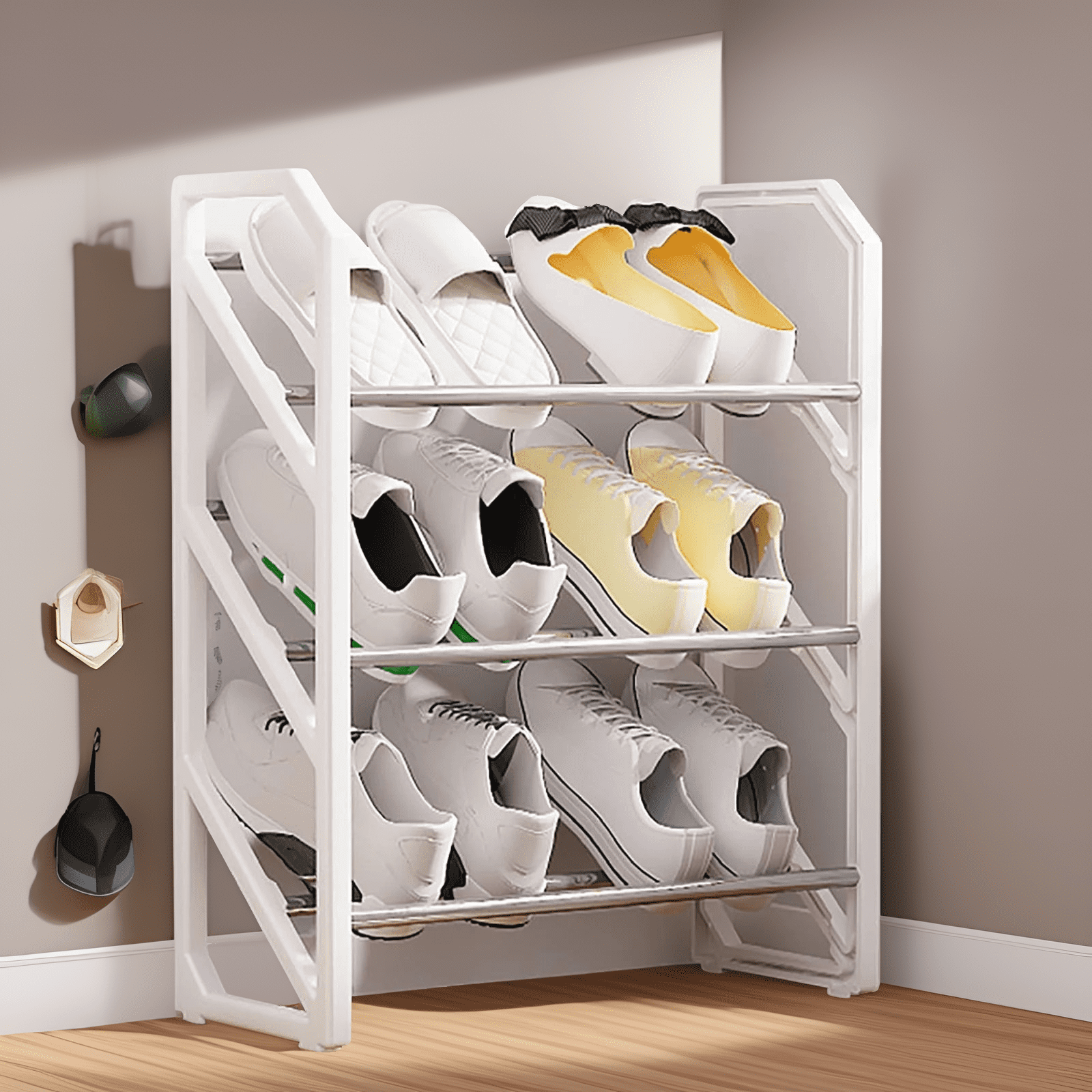 JOGZMZ 3 Tiers Shoe Rack, 6 Pairs Shoe Organizer for Entryway ...