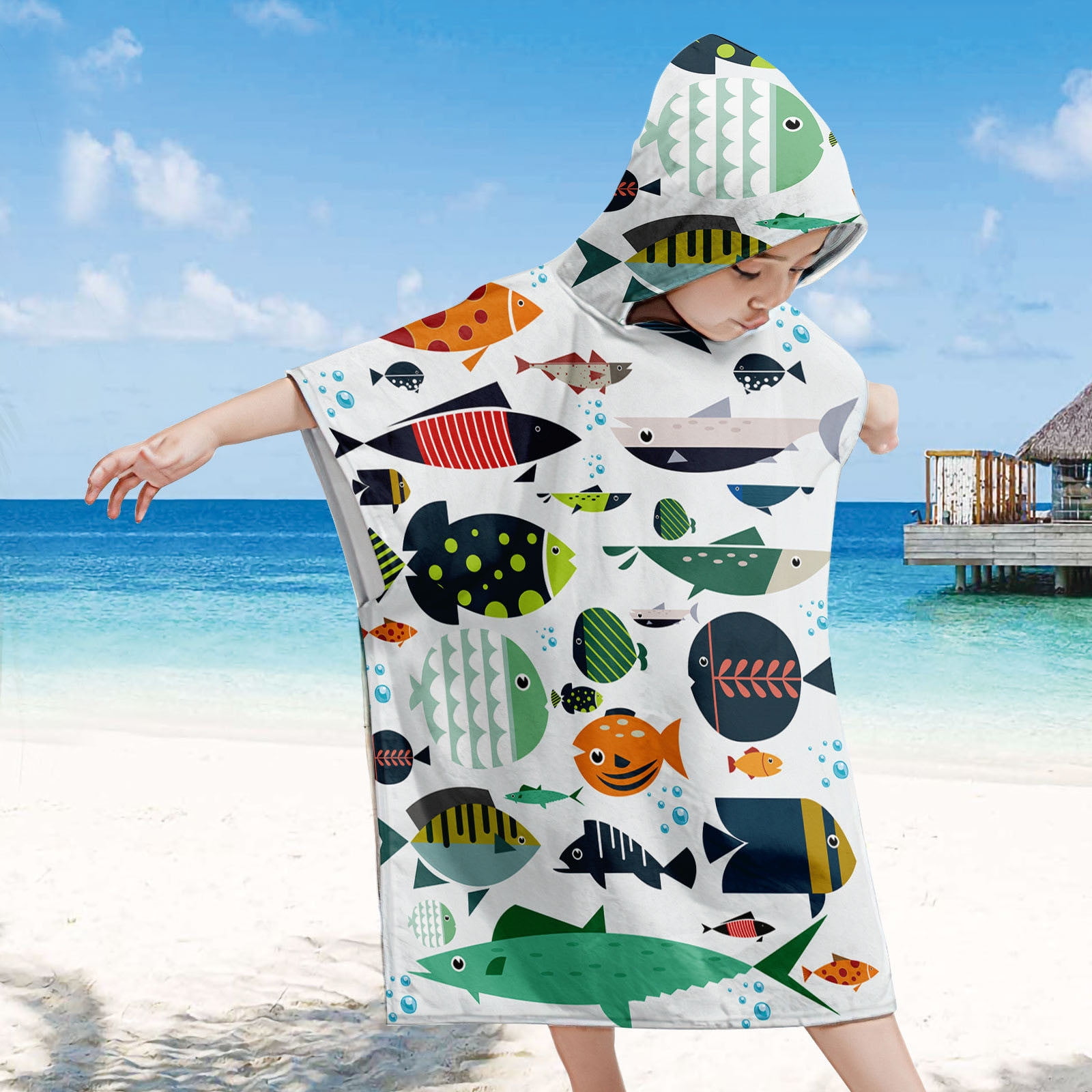 JOGZMZ Kids Hooded Wearable Beach Towel - 23.6×23.6 Inch Sea Animals ...