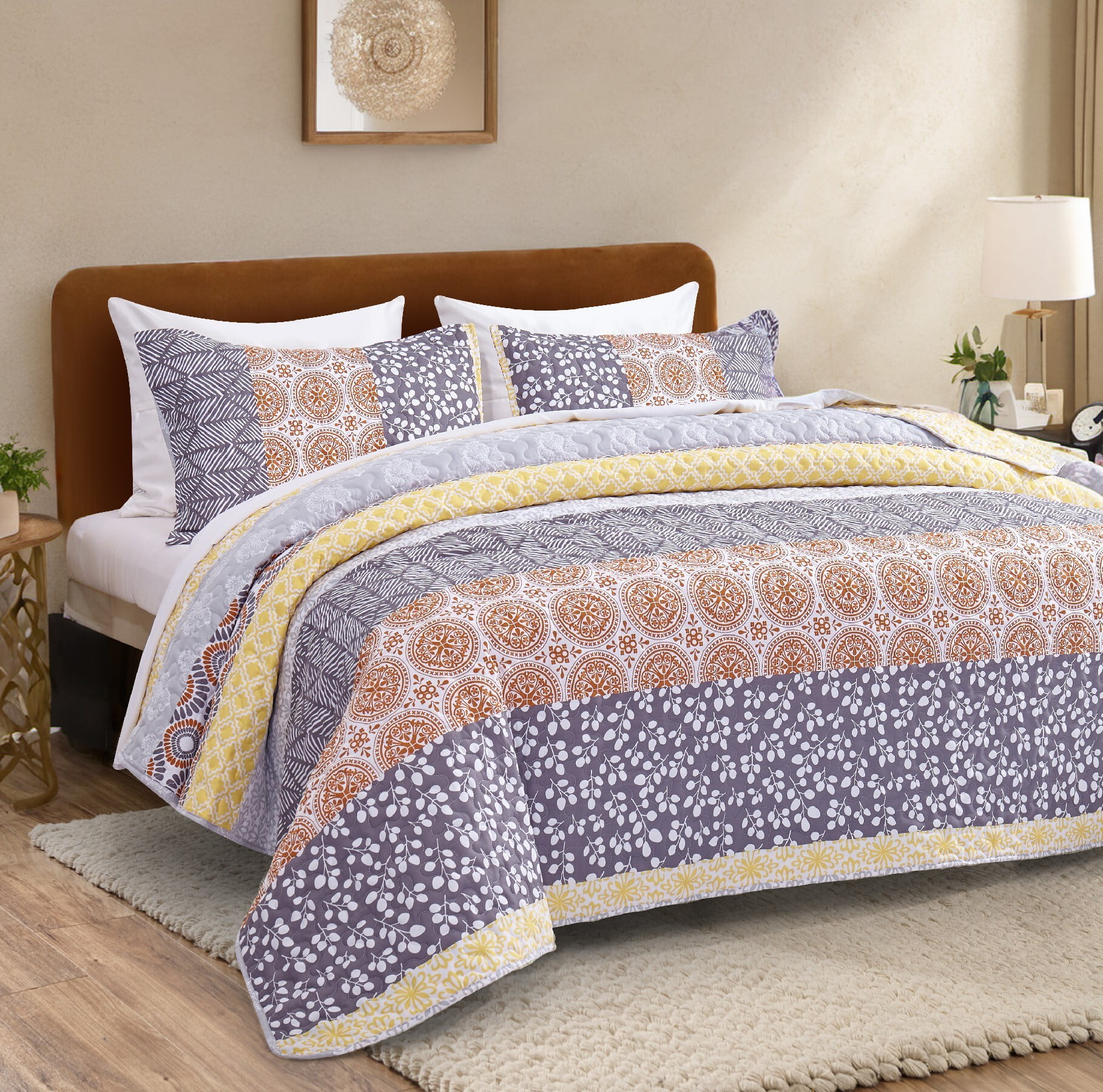 JOHNPEY Quilt Set California King Size-Boho Botanical Quilts Bedding ...