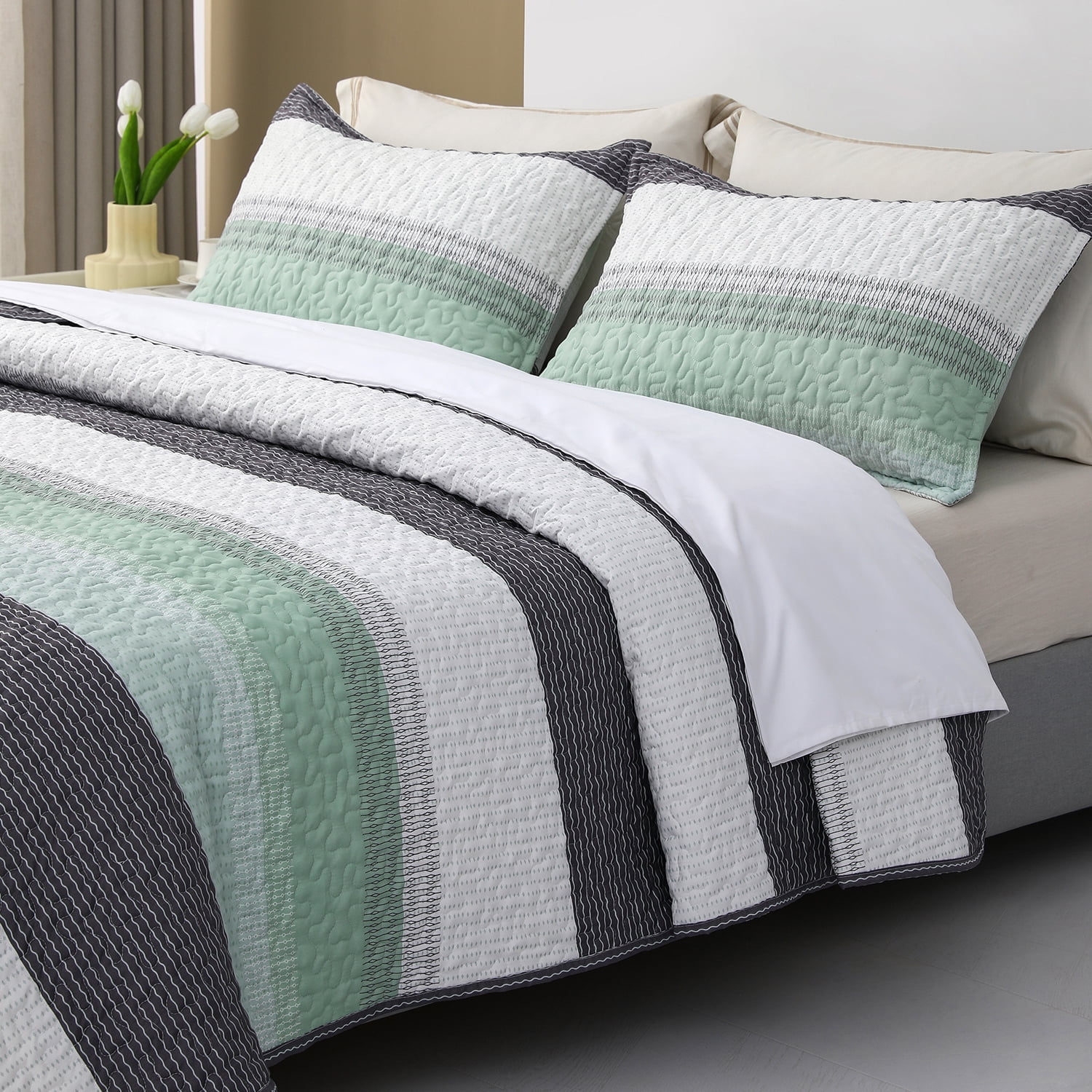 JOHNPEY Striped Quilts for King Size Bed- Green Quilts Bedding Set All ...