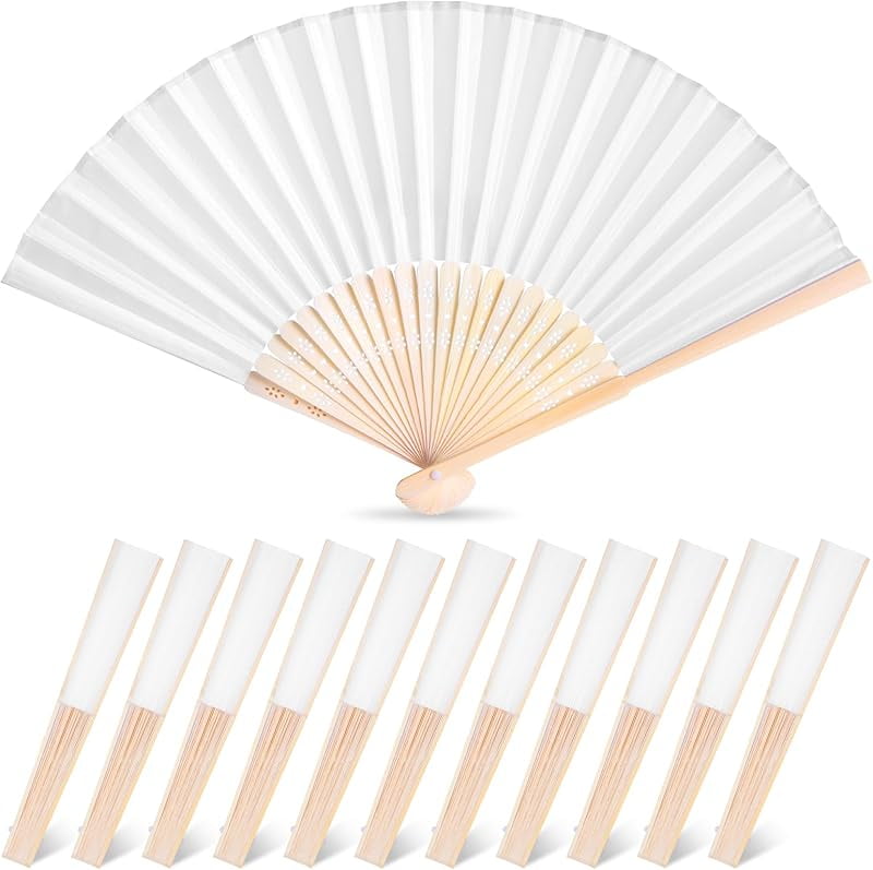 JOHOUSE Decorative Hand Fan Foldable, 12 Packs White Fabric Folding ...