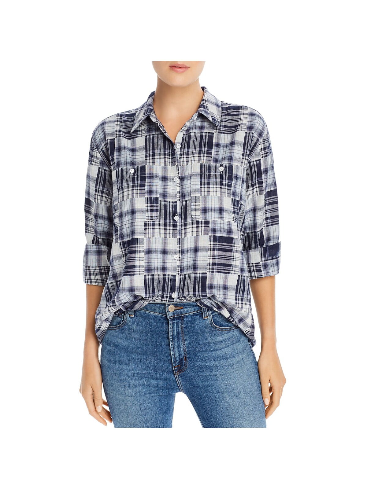 JOIE Womens Navy Plaid Long Sleeve Collared Wear To Work Button Up Top ...
