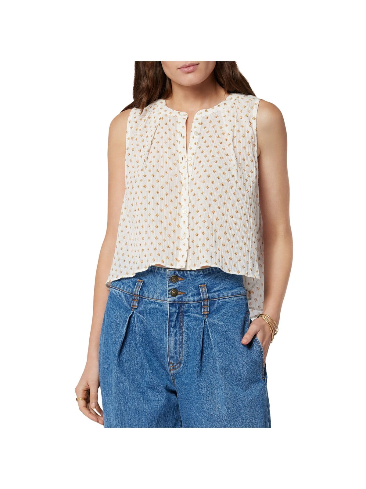 JOIE Womens White Pleated Hi-lo Hem Printed Sleeveless Crew Neck Button ...