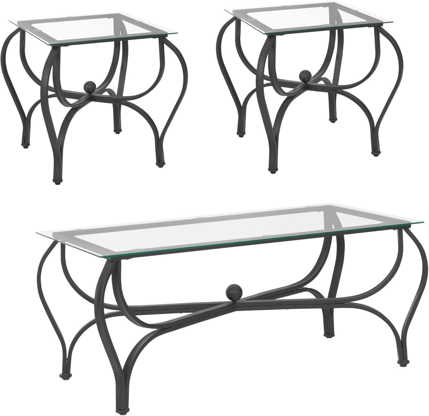 JOIN IRON Black Metal Glass Coffee Table 3-Piece Set, Industrial Style ...