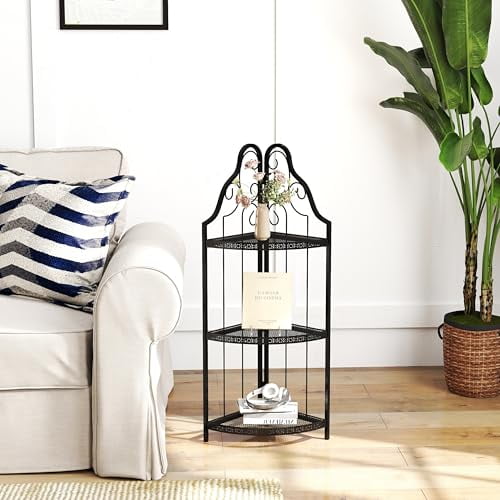 JOIN IRON Foldable 3-Tier Corner Shelf, Corner Plant Rack with Black ...