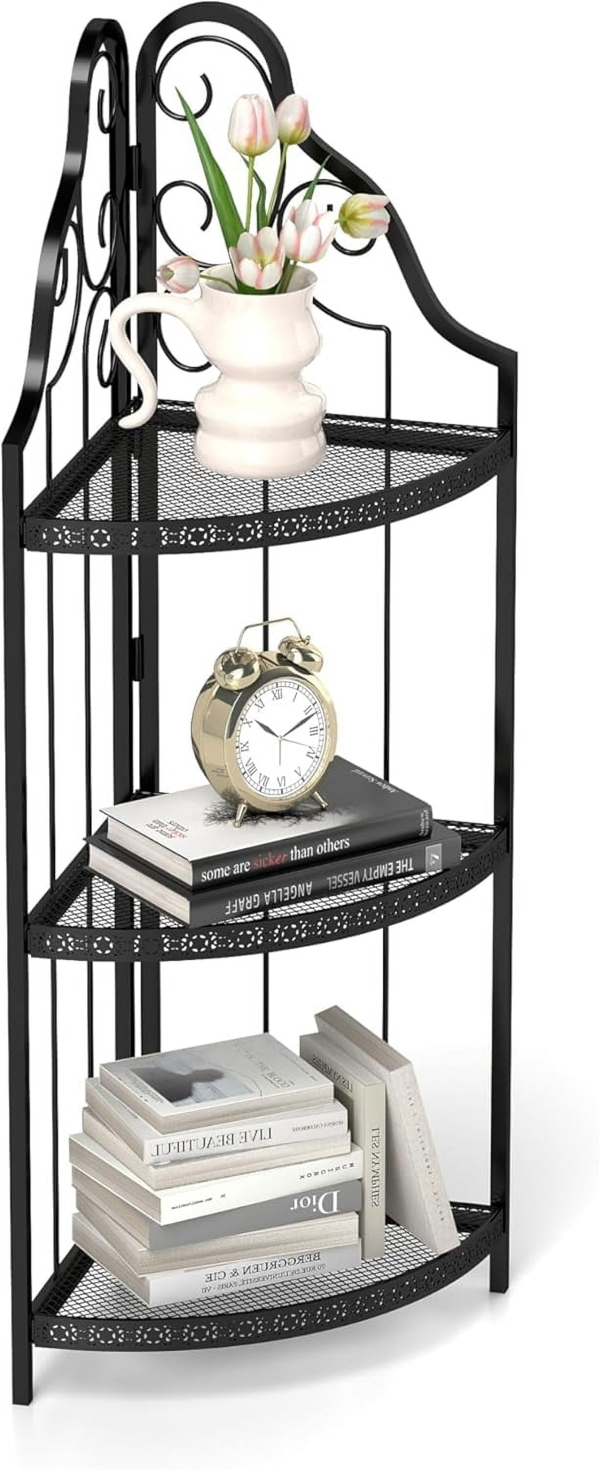 JOIN IRON Foldable 3-Tier Corner Shelf, Corner Plant Rack with Black ...