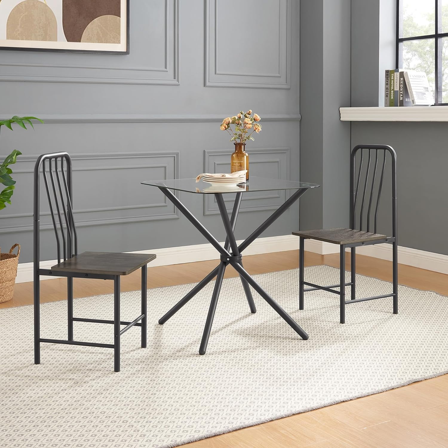 JOIN IRON Glass Dining Table 3-Piece Kitchen Dining Room Table Set for ...