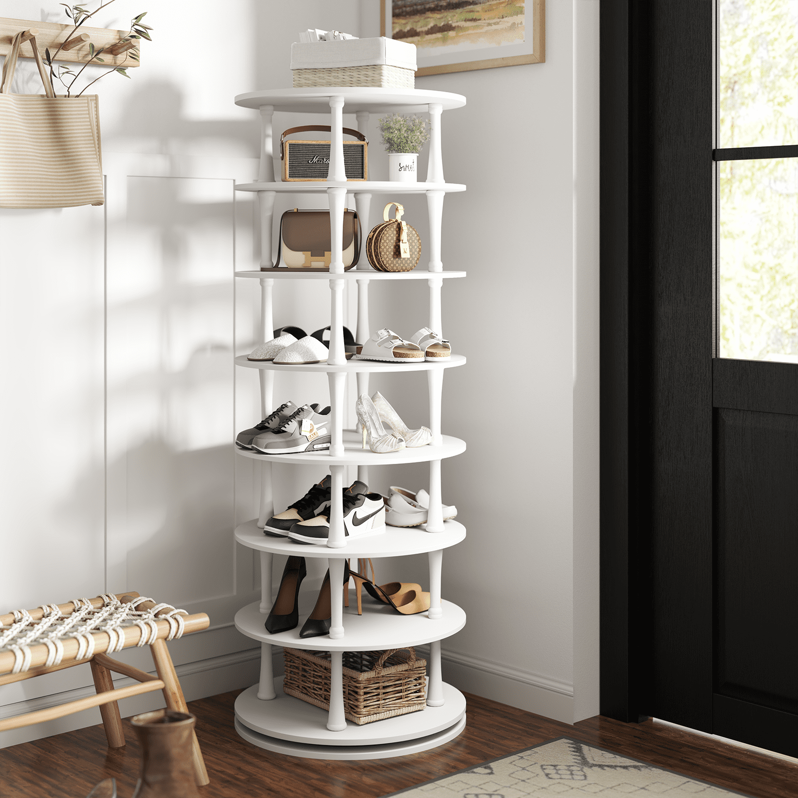 JOINICE 360 Spinning Rotating Shoe Rack Tower, 7 Tier Lazy Susan Closet Organizer, Revolving ...