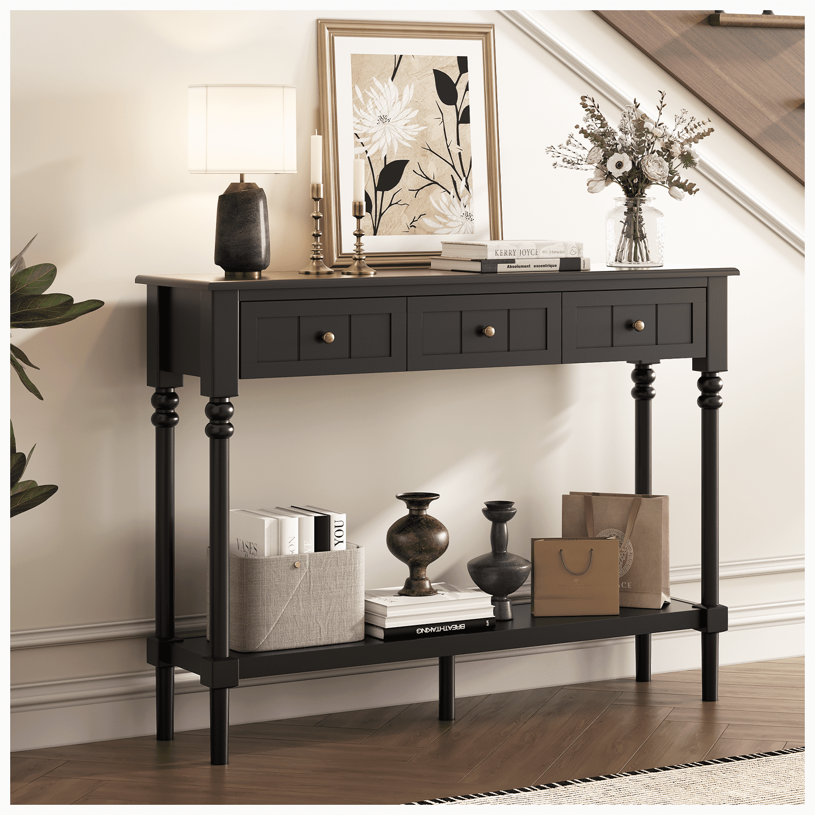 JOINICE 43" Console Tables with Drawers and Shelf,Long Rustic Vintage Sofa Foyer Table with ...