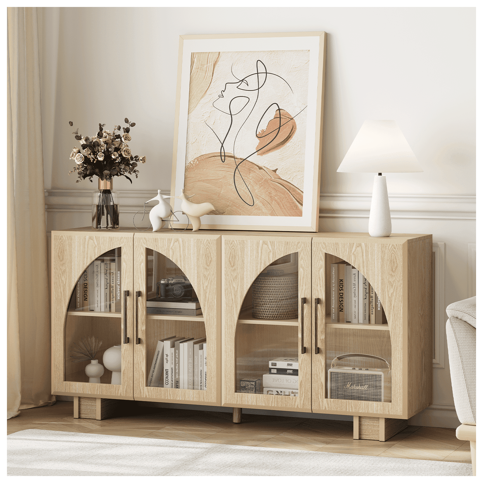 JOINICE Accent Cabinet with Adjustable Shelves and Arched Glass Door,for Living Room,Entryway ...