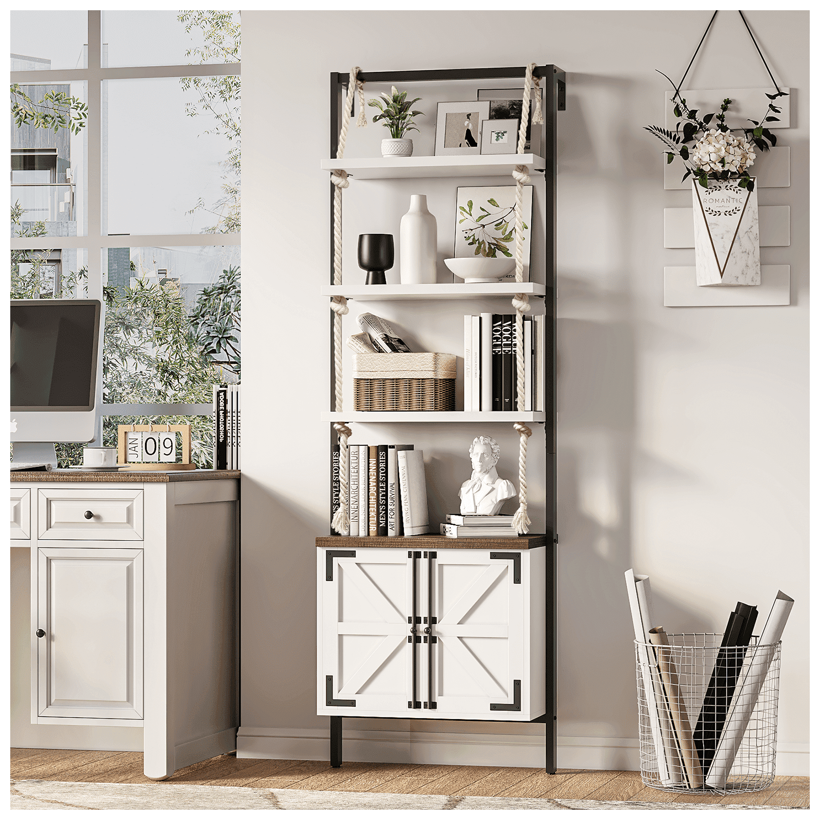 JOINICE Farmhouse 5 Tier Bookshelf with Storage,Wall Mounted Ladder ...