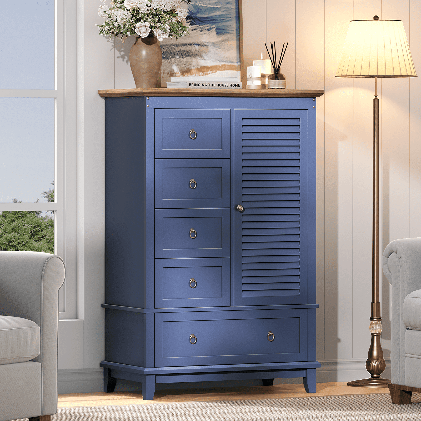 JOINICE Farmhouse Tall Dresser with 5 Drawers and 2 Shelves, Large Storage for Bedroom(Blue ...