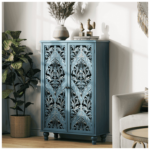 JOINICE Hollow Carved Accent Cabinet with Doors and Solid Wood Legs,for Living Room,Entryway ...