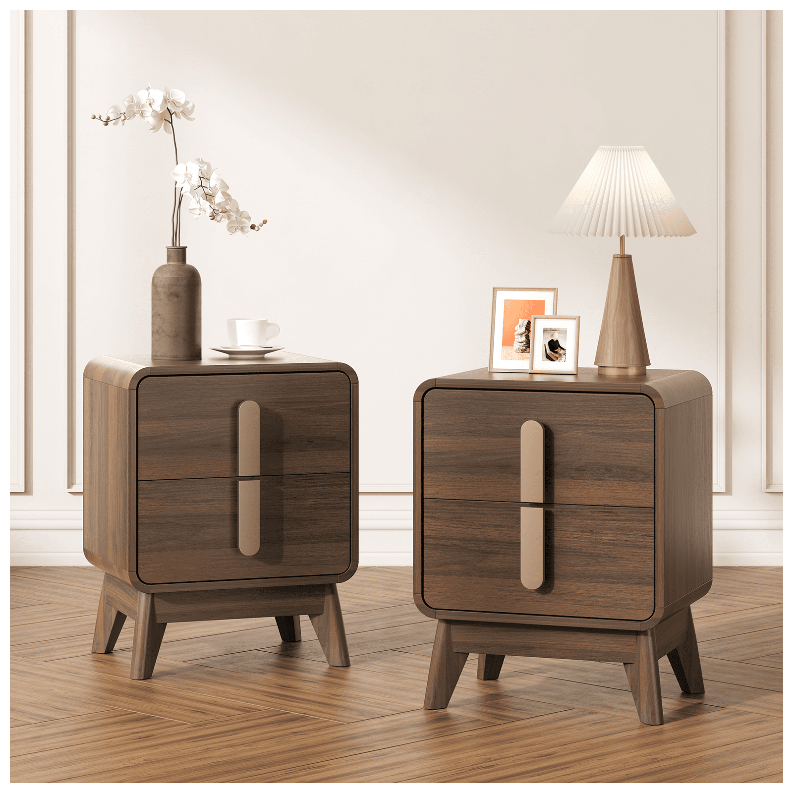 JOINICE Mid Century Modern 2 Drawers Nightstands Set of 2,Curved Profile Design End Table with ...