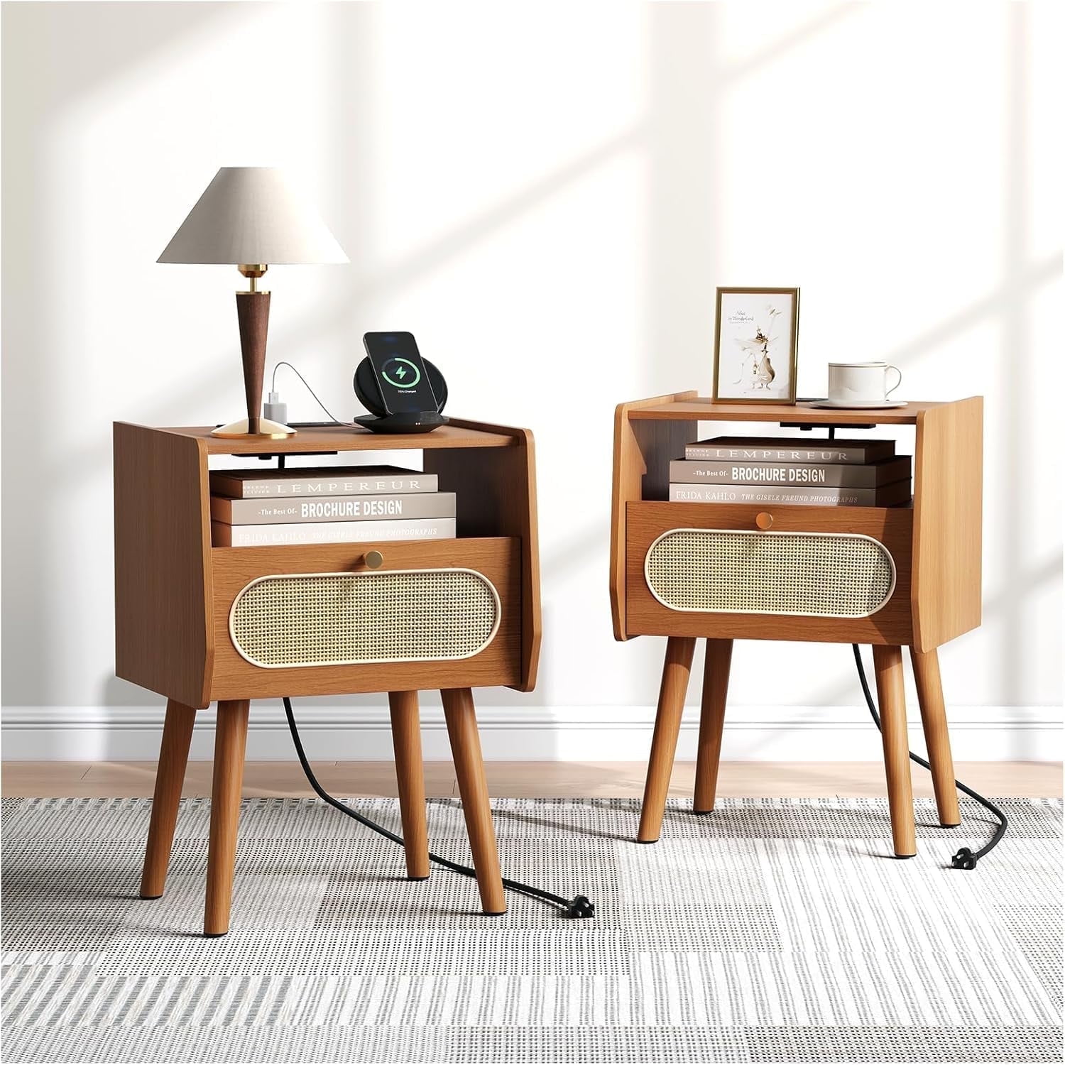JOINICE Nightstands for Bedroom with Charging Station, Mid Century Modern End Tables Set of 2 ...