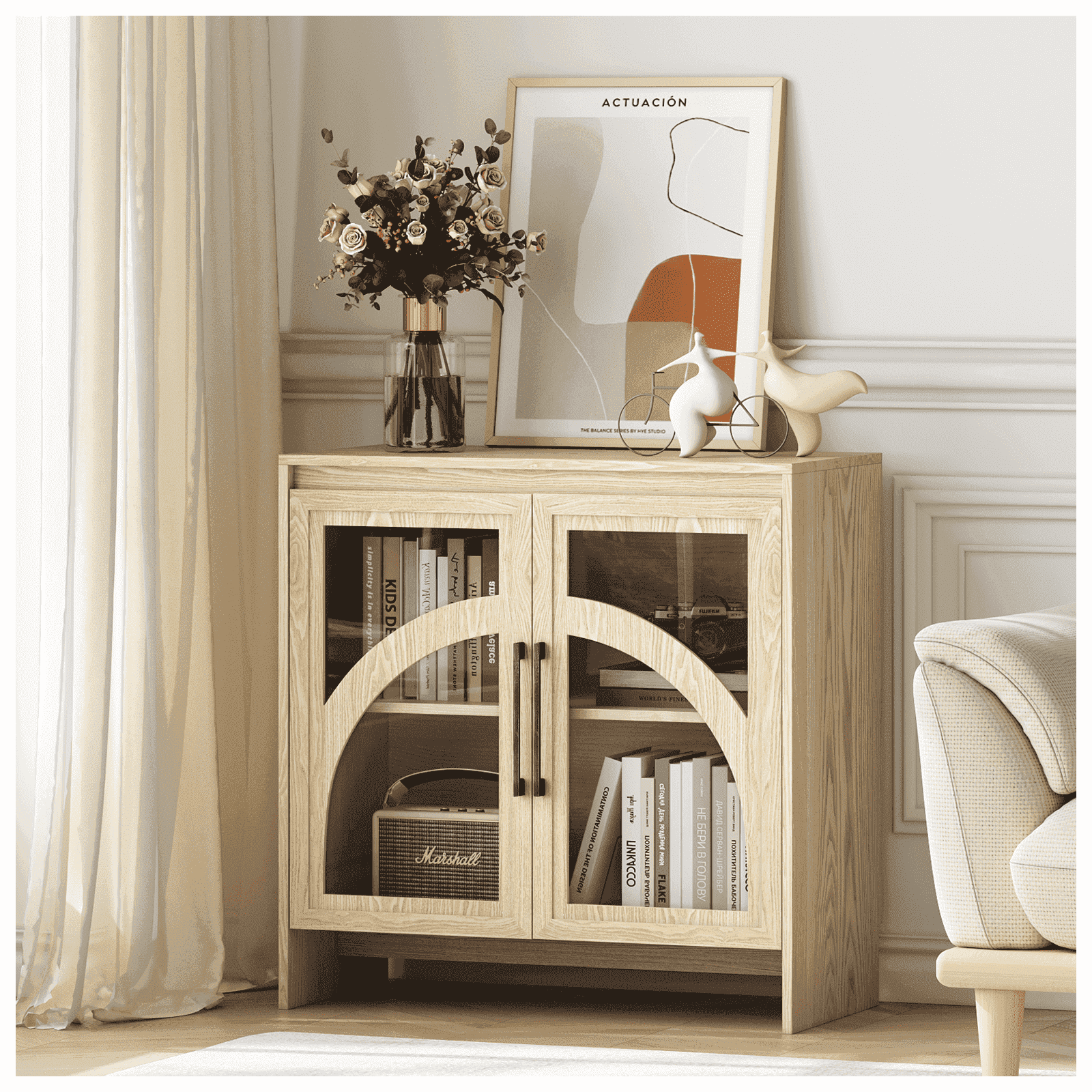 JOINICE Modern Accent Cabinet with Adjustable Storage Shelves and Arched Glass Door,for Living ...