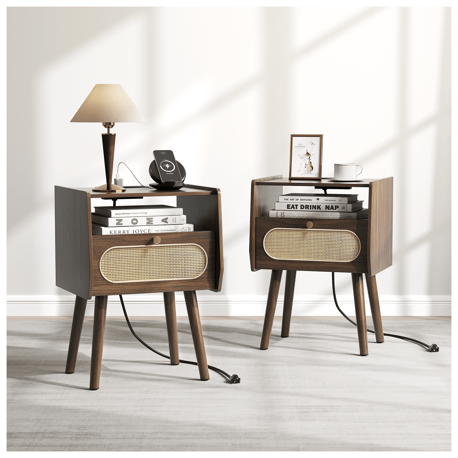 JOINICE Nightstands for Bedroom with Charging Station, Mid Century Modern End Tables Set of 2 ...