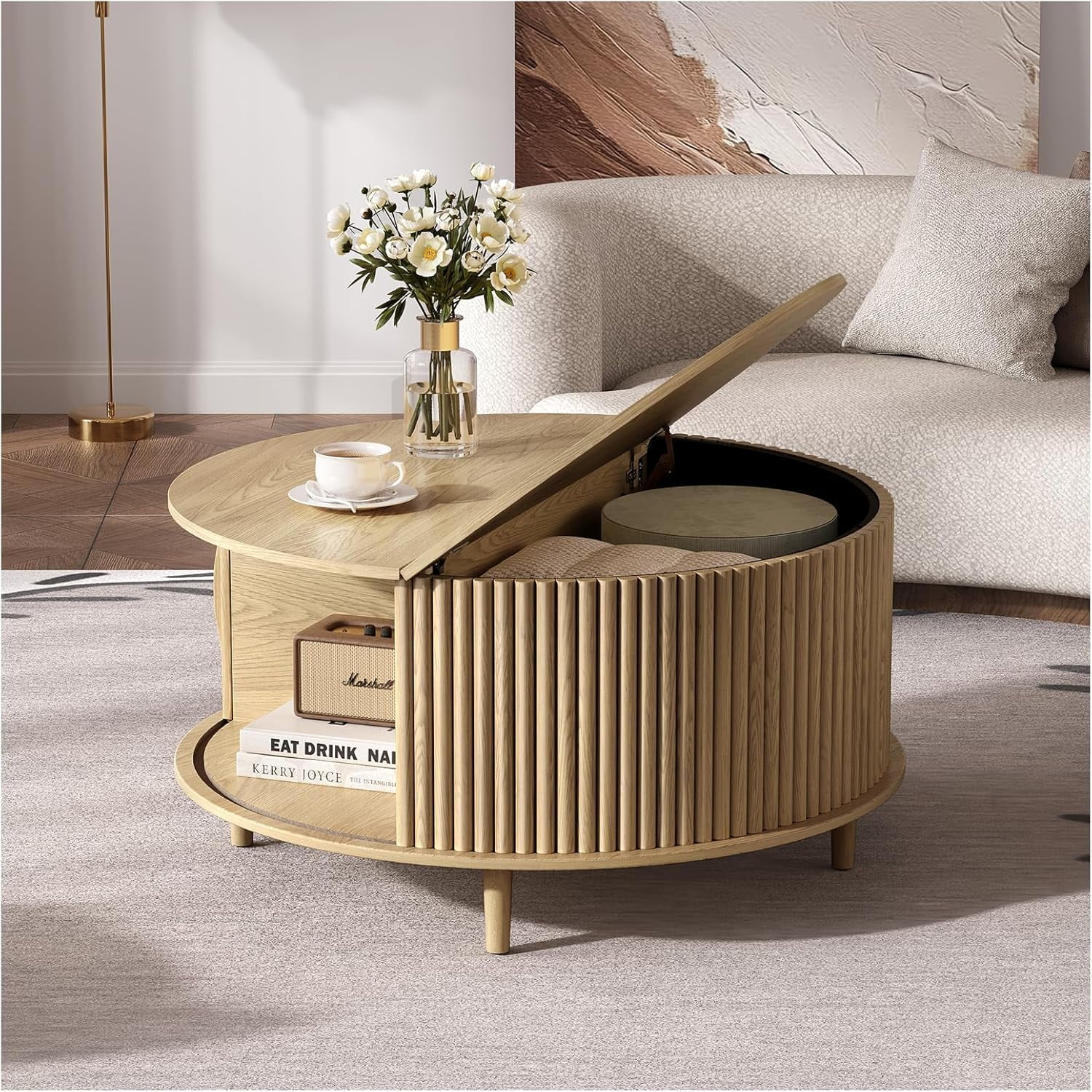 JOINICE Round Coffee Table with Storage, 31.5" Oak Wood Drum Table ...