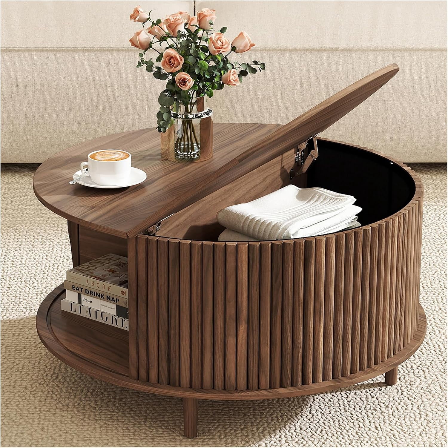 JOINICE Round Coffee Table with Storage, 31.5" Walnut Wood Drum Table ...