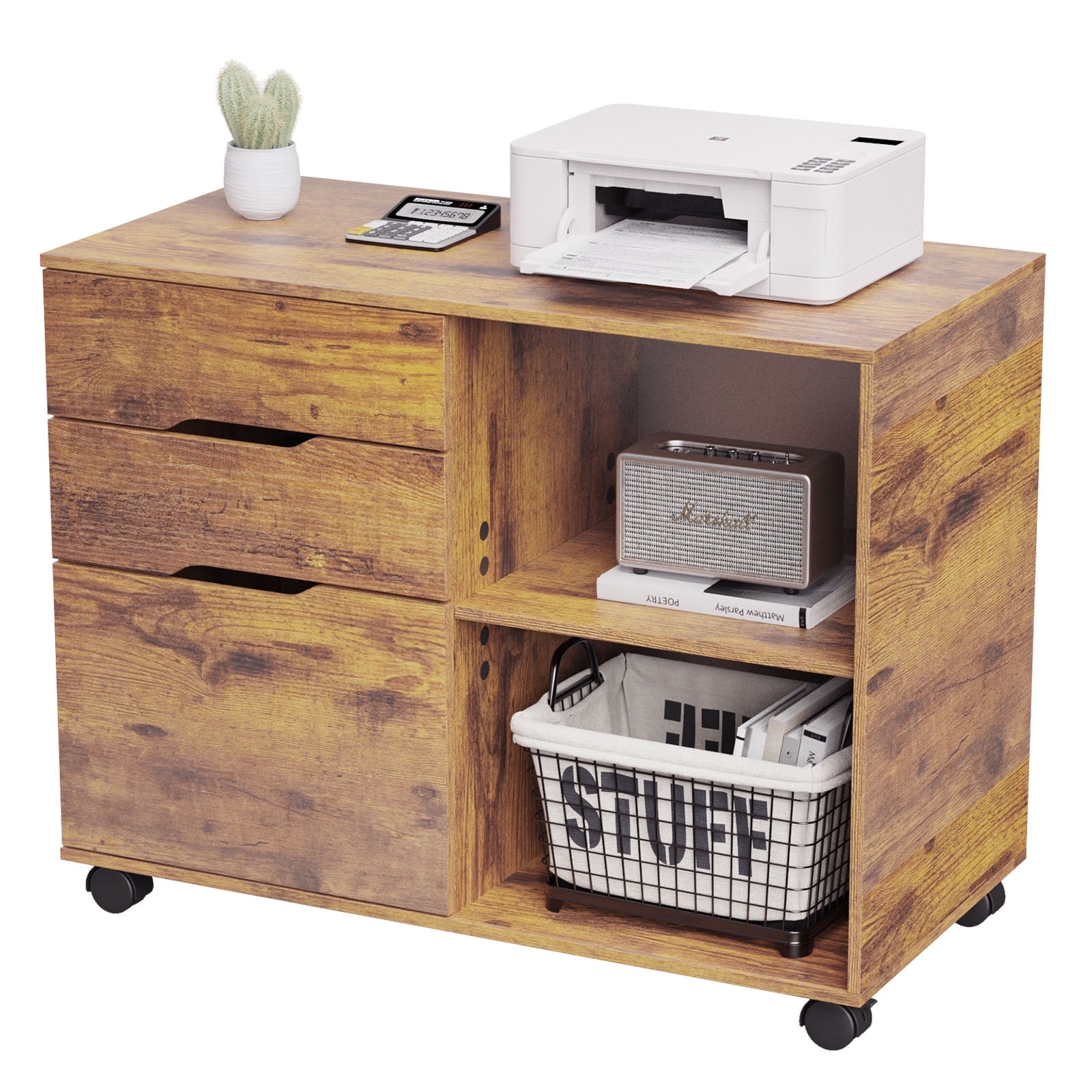 JOINSUN 3-Drawer File Cabinet, Lateral Mobile Filing Cabinet Wood ...