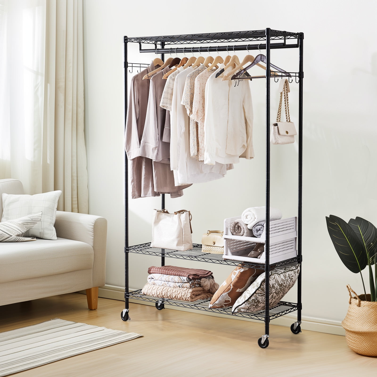JOINSUN 3-Tier Heavy-Duty Rolling Garment Clothes Rack with Lockable ...