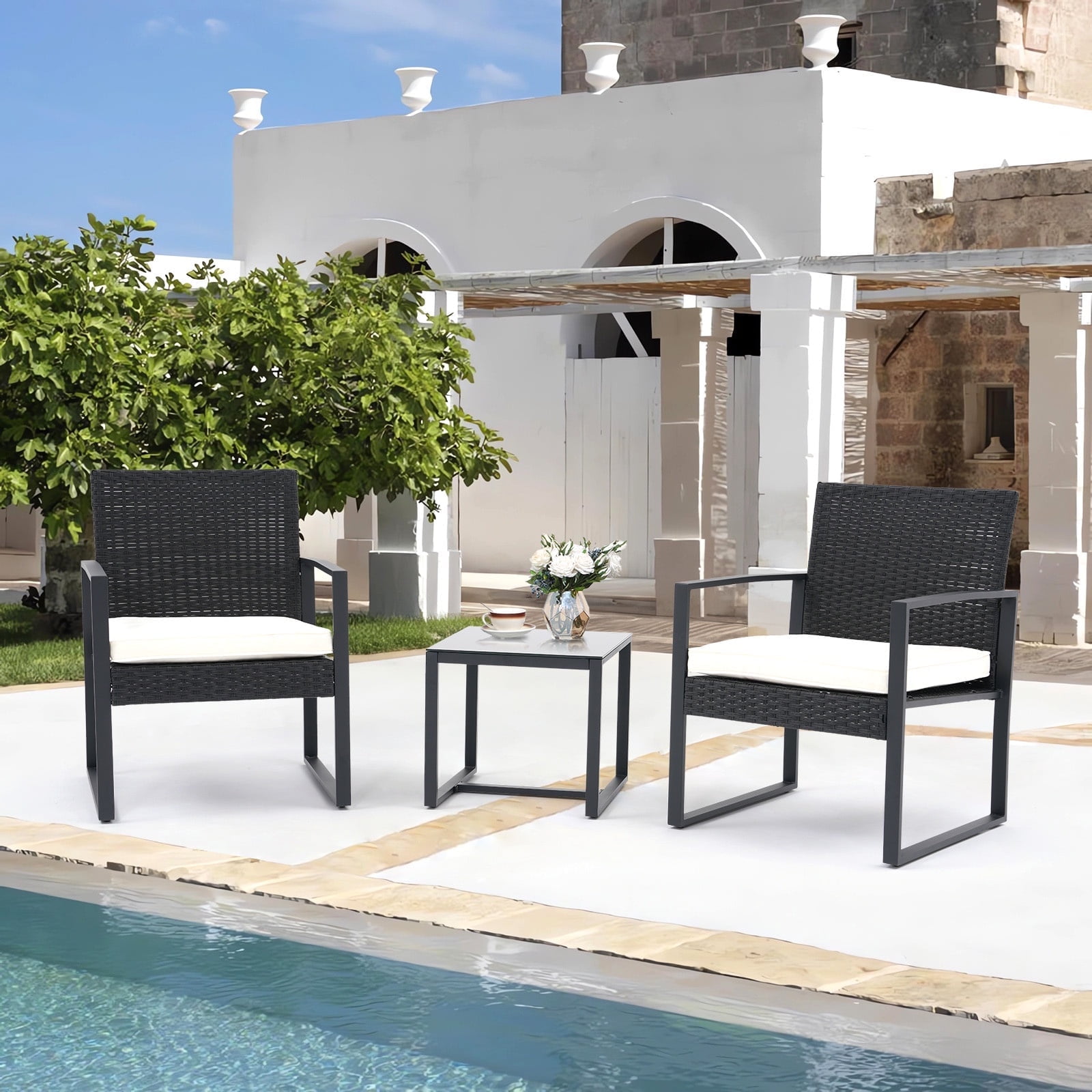 JOIVI 3 Piece Wicker Patio Furniture Set, Outdoor Rattan Conversation ...