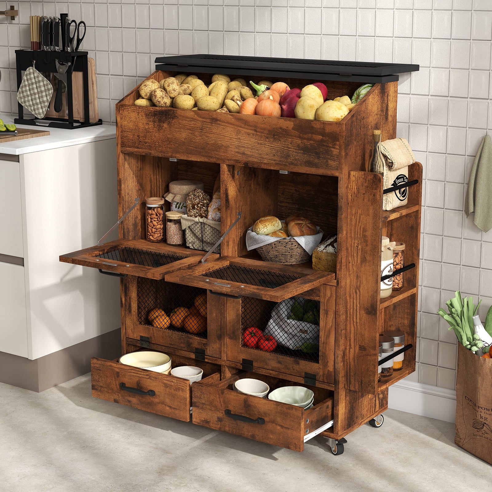 JOIVI 35.1" Potato and Onion Storage Bin on Wheels, 4-Tier Rolling ...