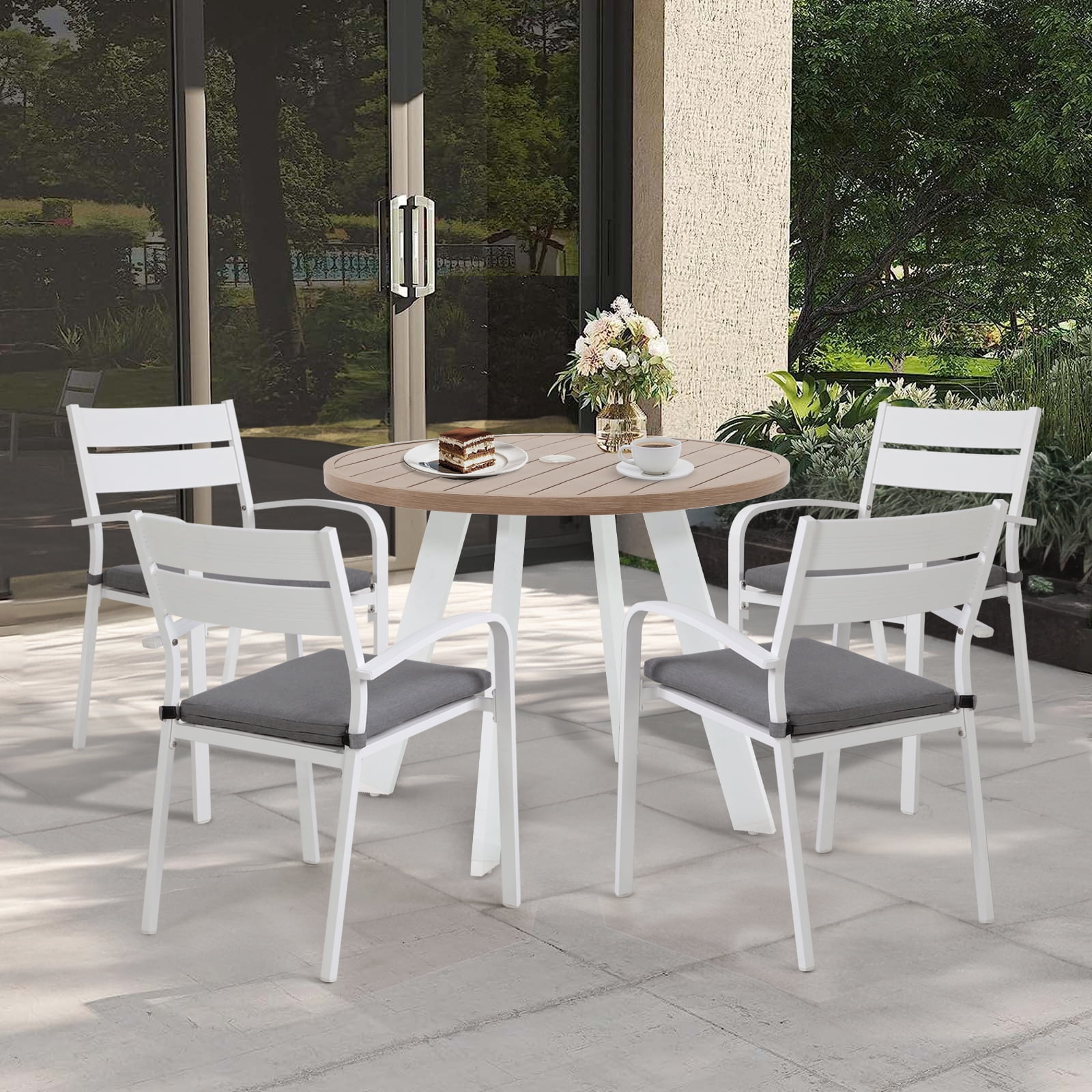 JOIVI 5-Piece Patio Dining Set, Aluminum, Stackable Chairs, Wood Grain ...