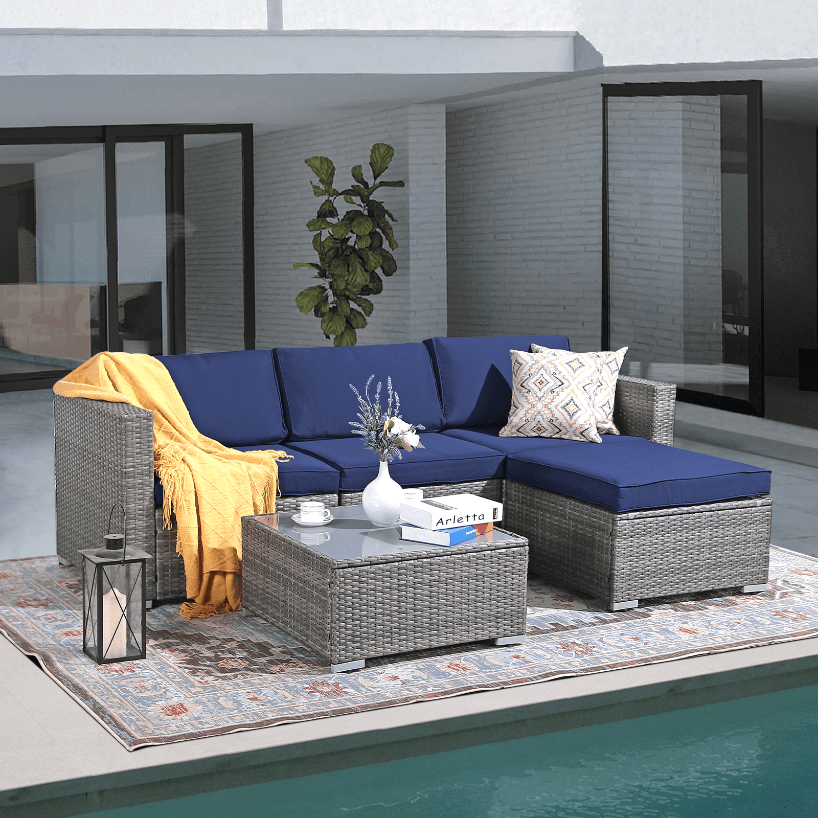 JOIVI 5 Pieces Outdoor Patio Furniture Set, All Weather PE Gray Wicker ...