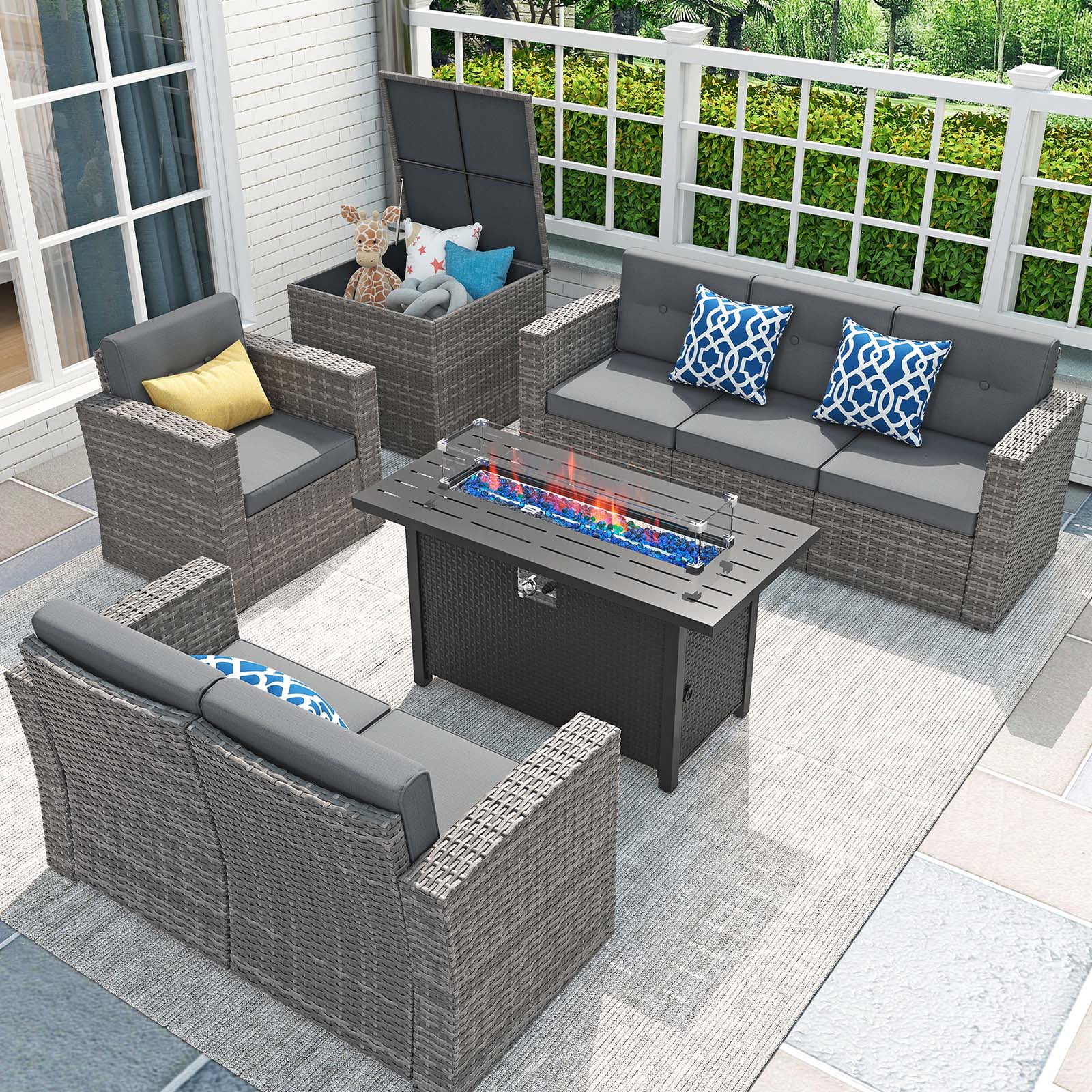 JOIVI 8 Pcs Wicker Patio Set with 45” Fire Pit, Rattan Sofa, Storage ...