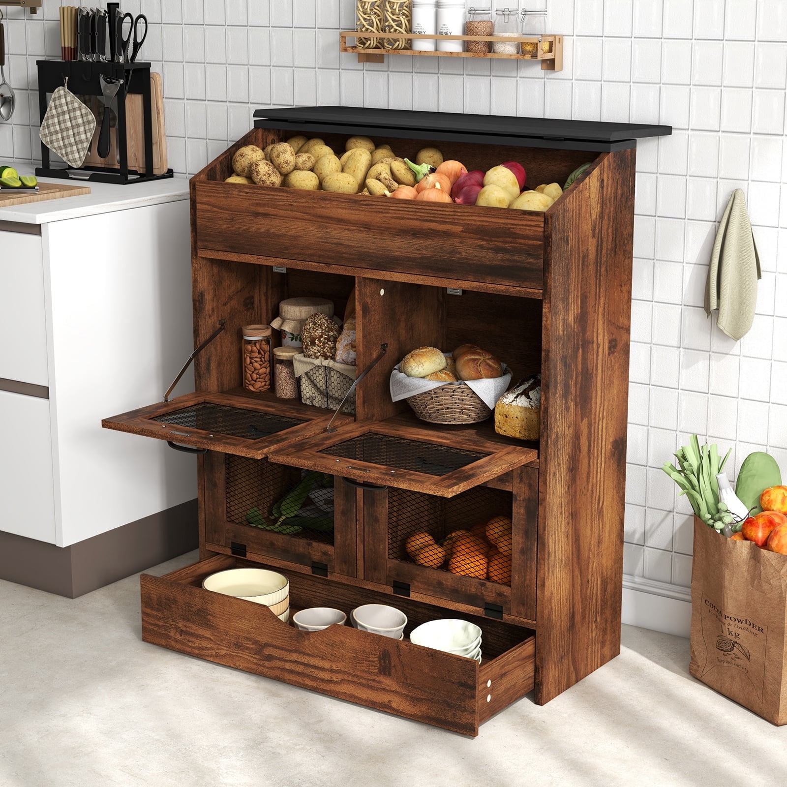 JOIVI Large Potato Storage Wood Bin, Wooden Bread Storage Bins with ...