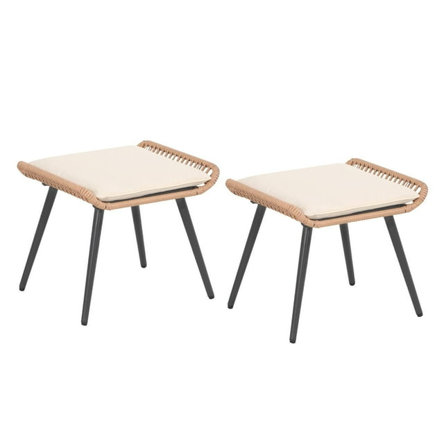 JOIVI Outdoor Rattan Footstools Set of 2, Patio Ottoman with Cushions ...
