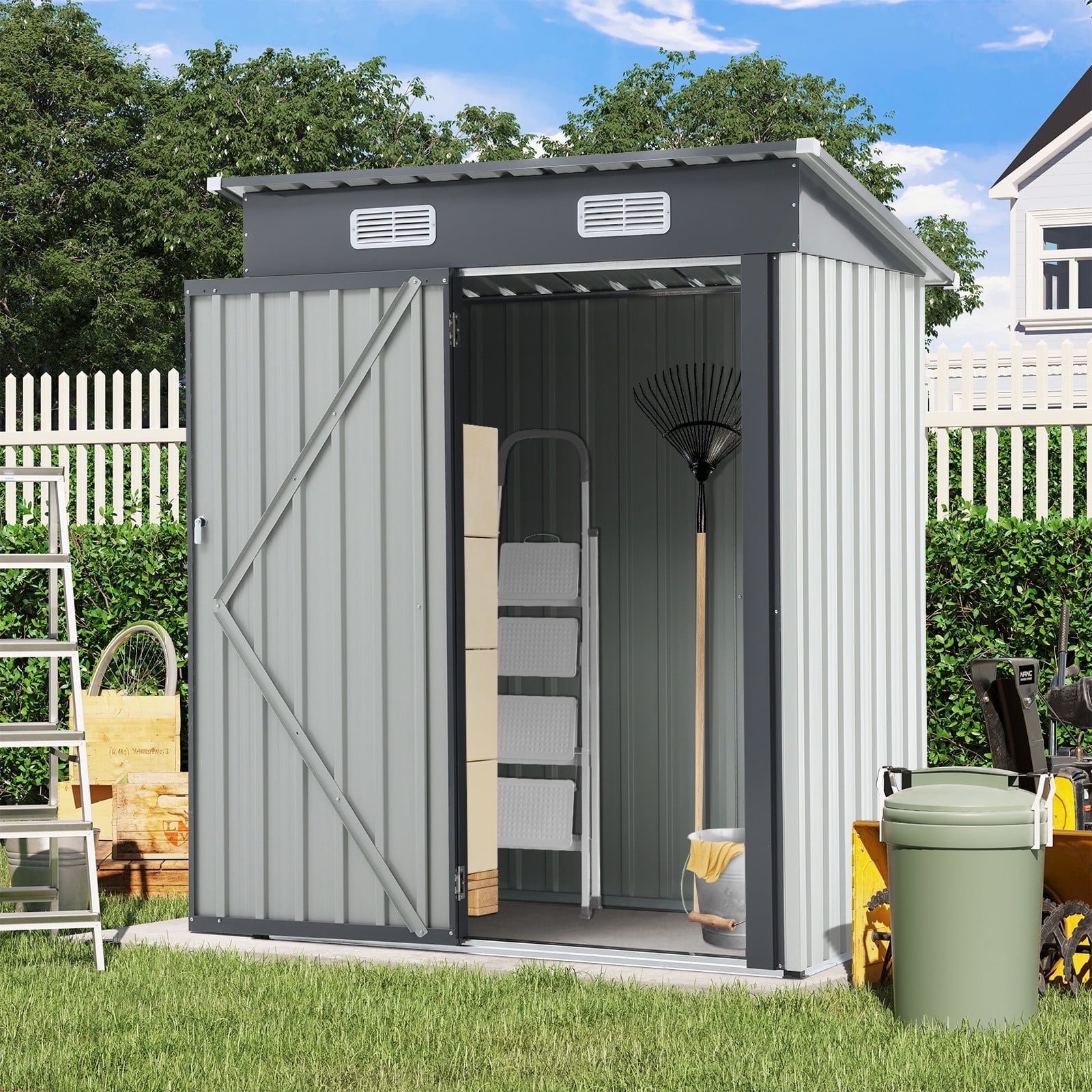 JOIVI Outdoor Storage Shed, 5'x3' Small Galvanized Metal Steel Weather ...