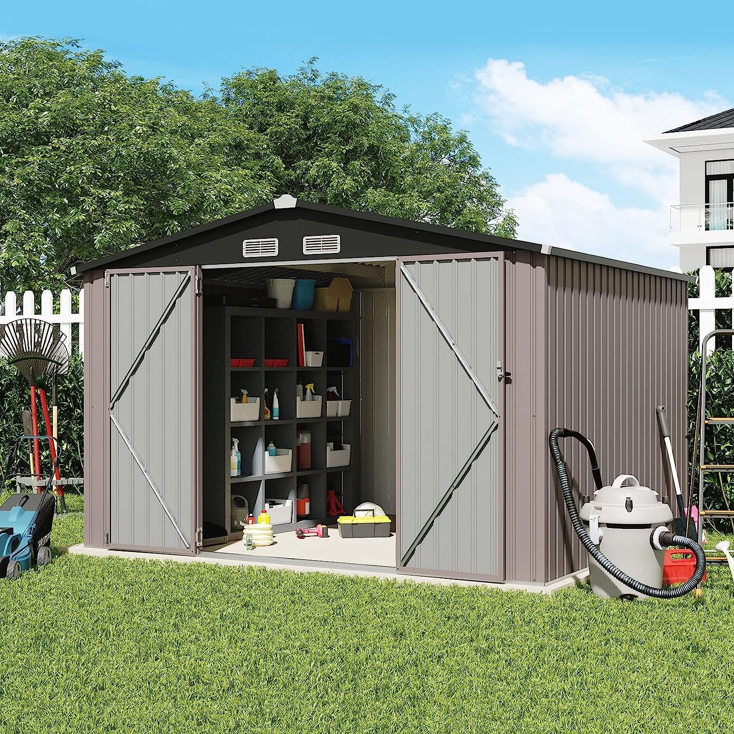 JOIVI Outdoor Storage Shed, 8'x10' Large Galvanized Steel Metal Garden ...