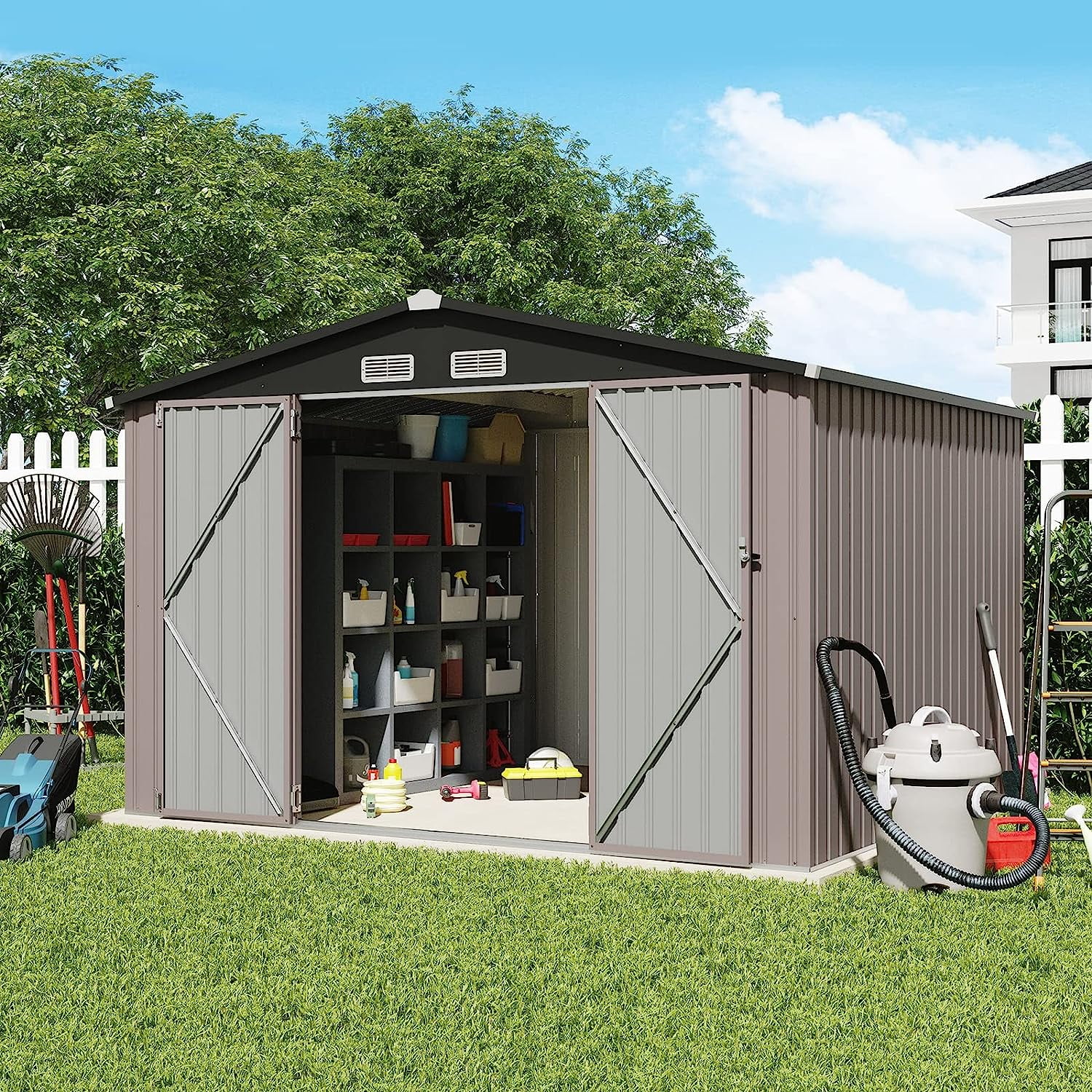 vidaXL Storage Shed Outdoor Storage Shed for Backyard Patio Galvanized ...