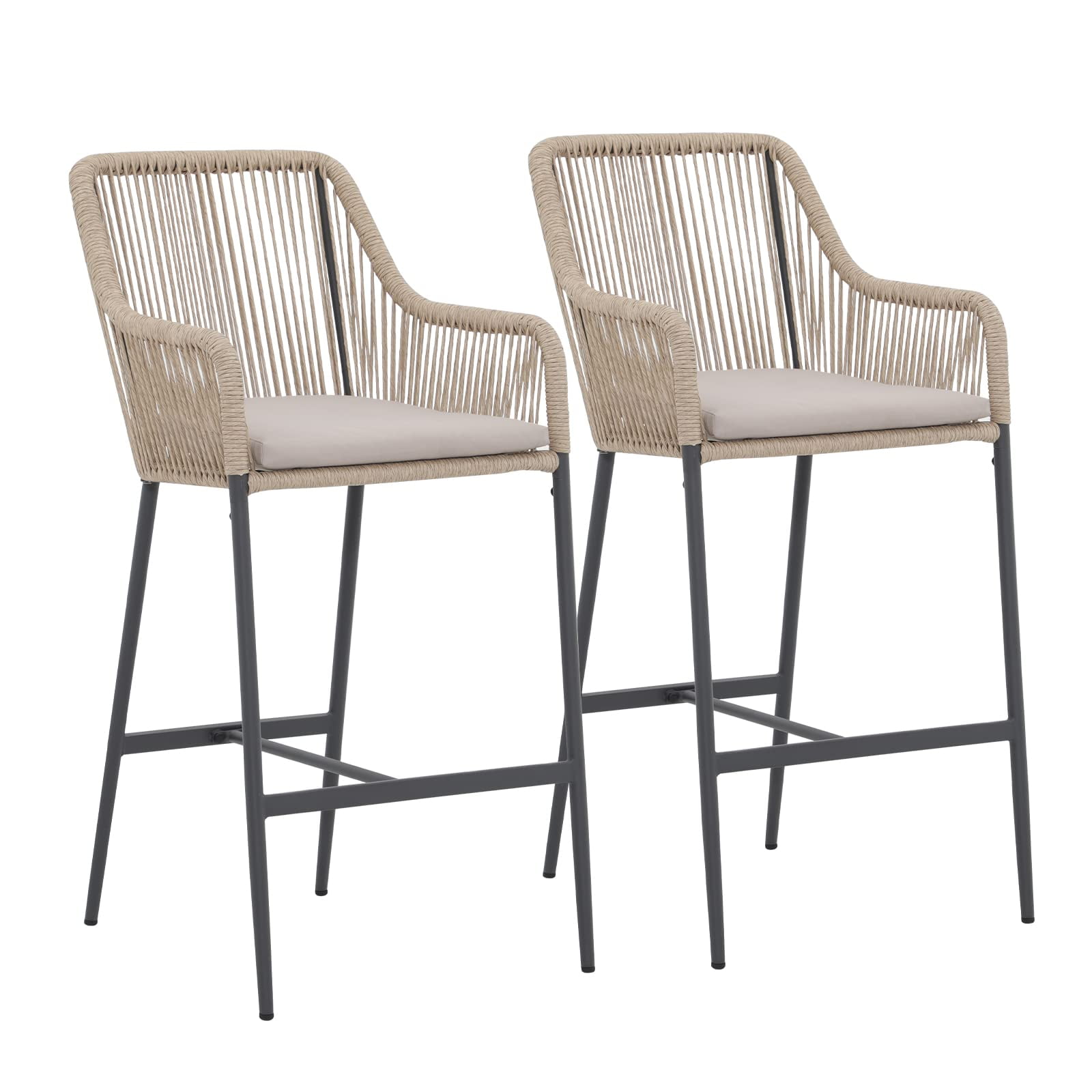 JOIVI 2-Piece Outdoor Wicker Bar Stools for Patio with Cushions, All ...