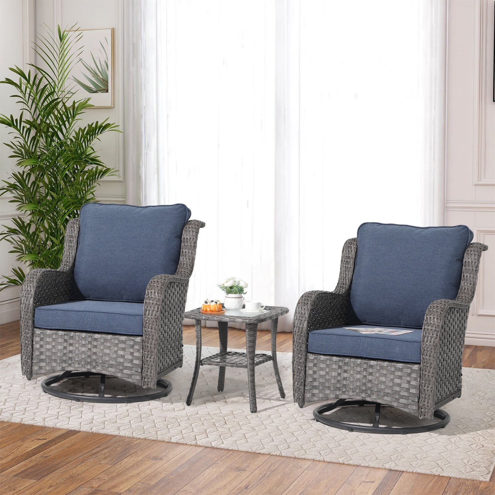 JOIVI 3-Piece Patio Swivel Rocker Set, All-Weather Rattan Furniture ...