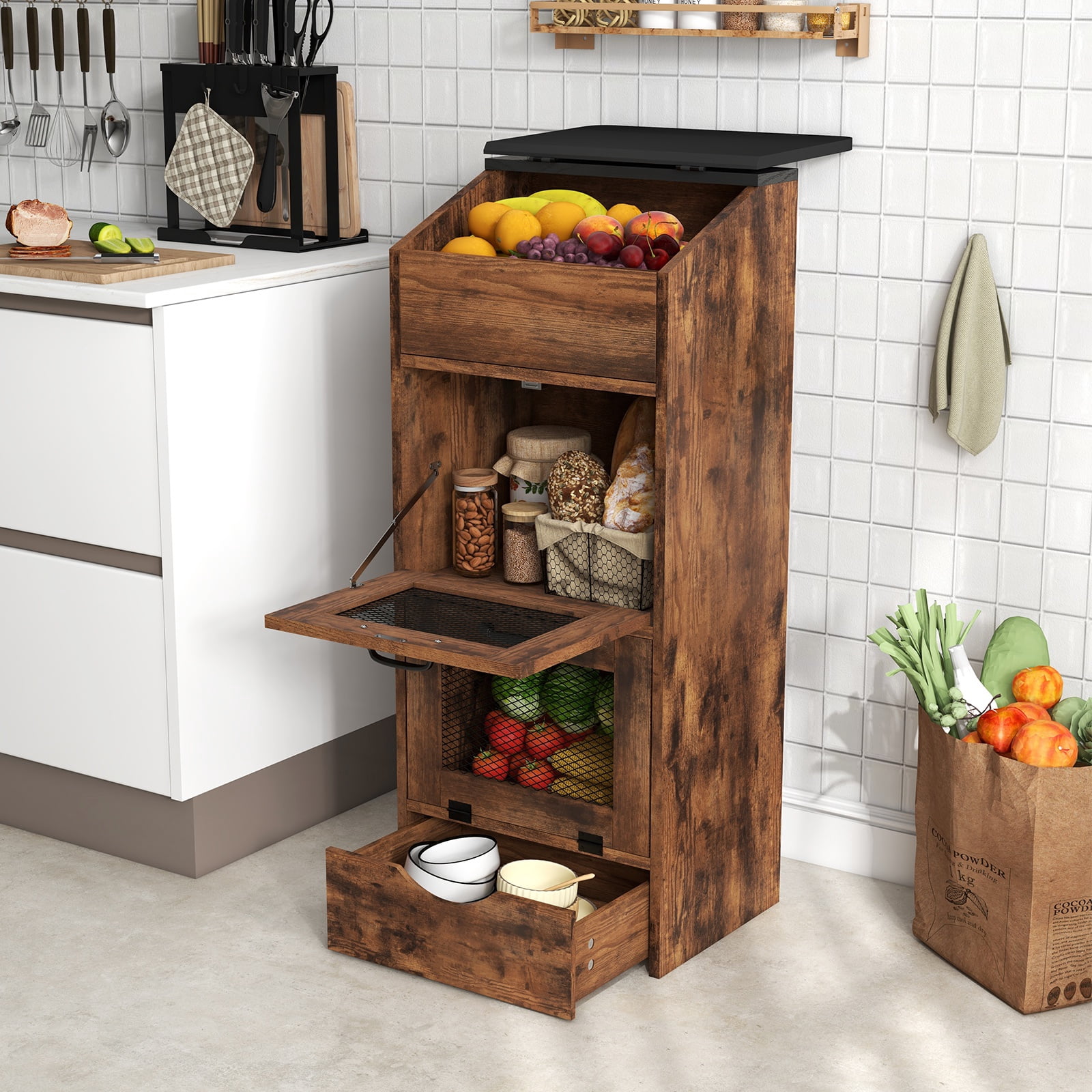JOIVI Potato Storage Wood Bin, Wooden Bread Storage Bins with Removable ...